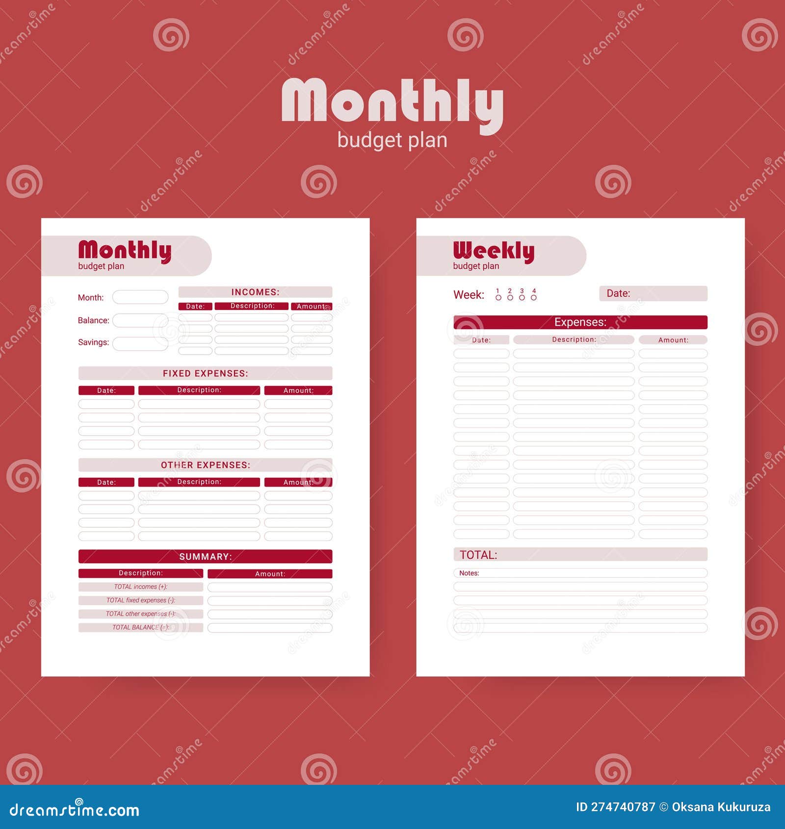 Printable Personal Monthly Budget Planner, Vector Illustration. Stock ...