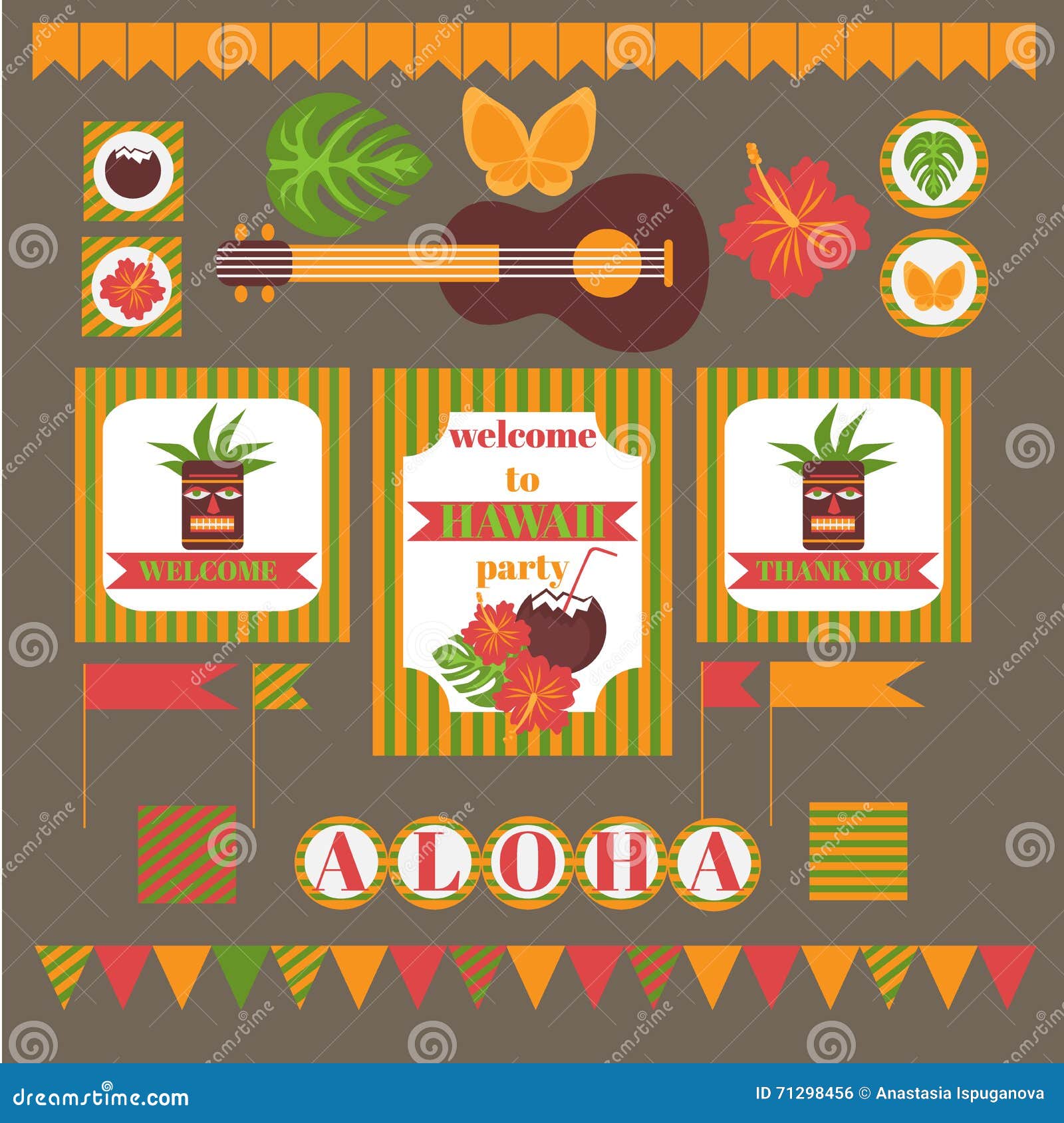 Printable Set of Hawaii Party Elements. Templates, Labels, Icons, Flags ...