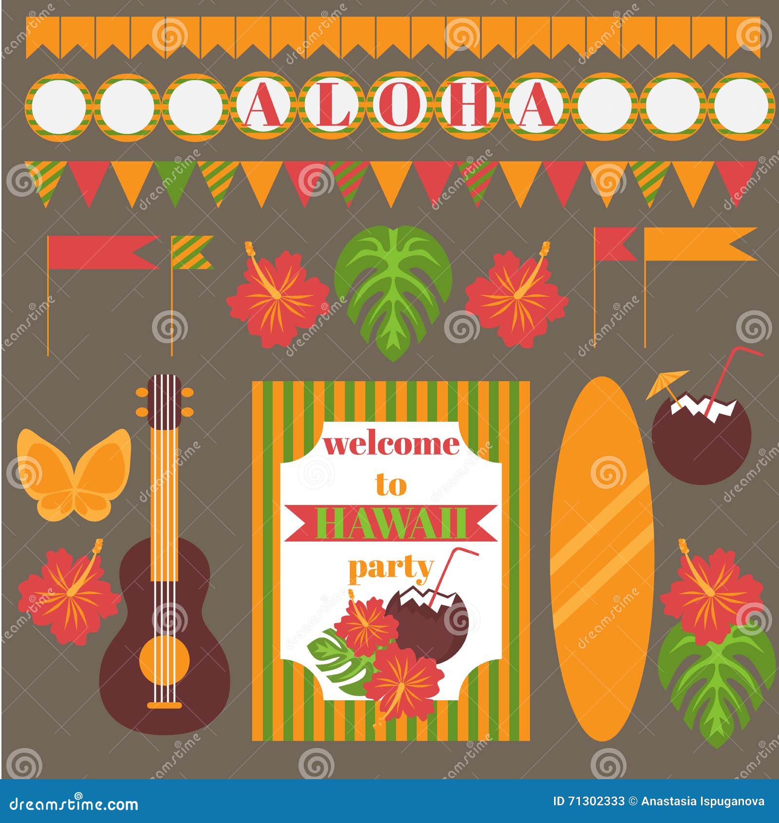 Printable Set of Hawaii Party Elements. Templates, Labels, Icons, Flags ...