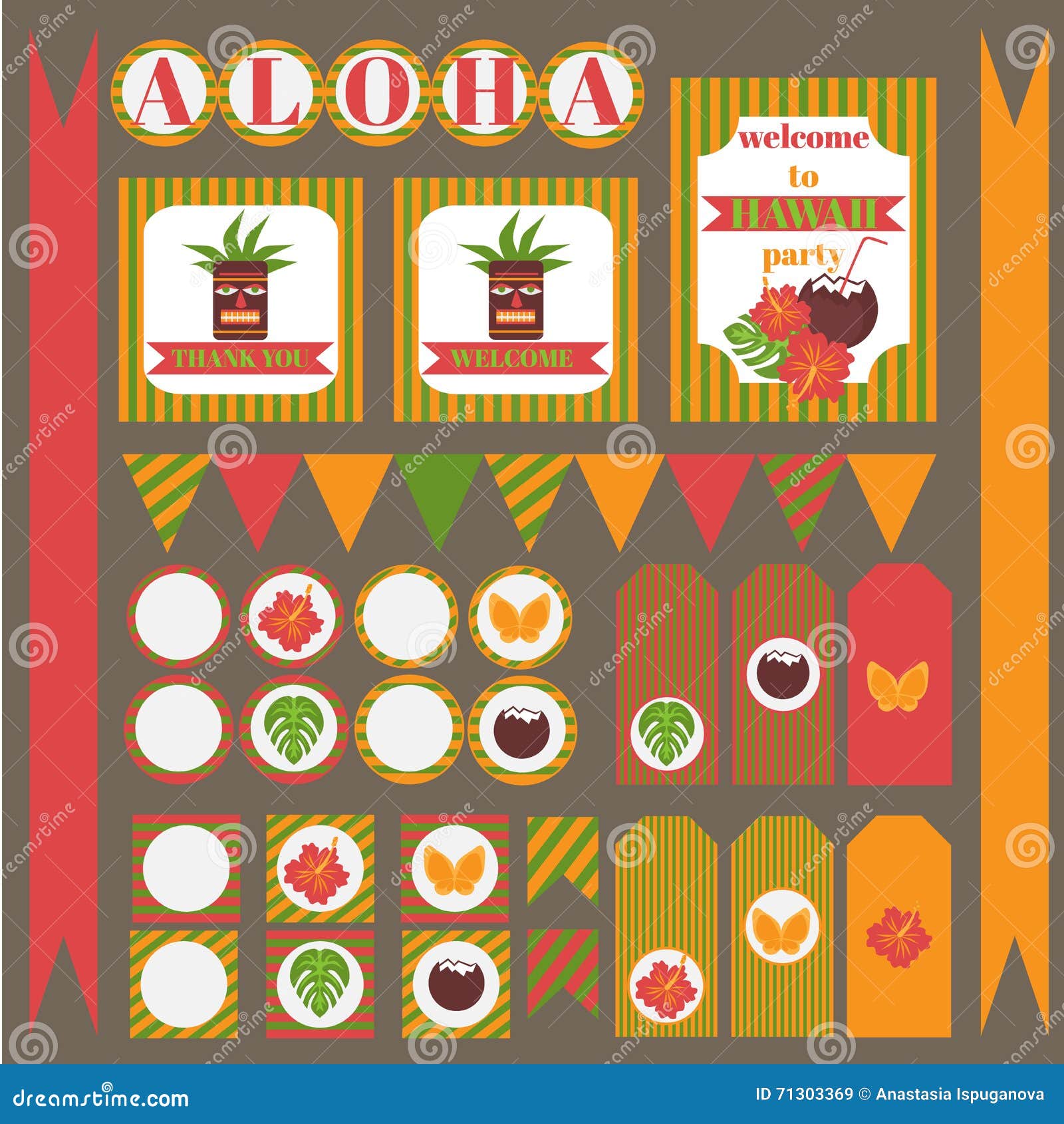 Printable Set Of Hawaii Party Elements. Templates, Labels, Icons, Flags ...