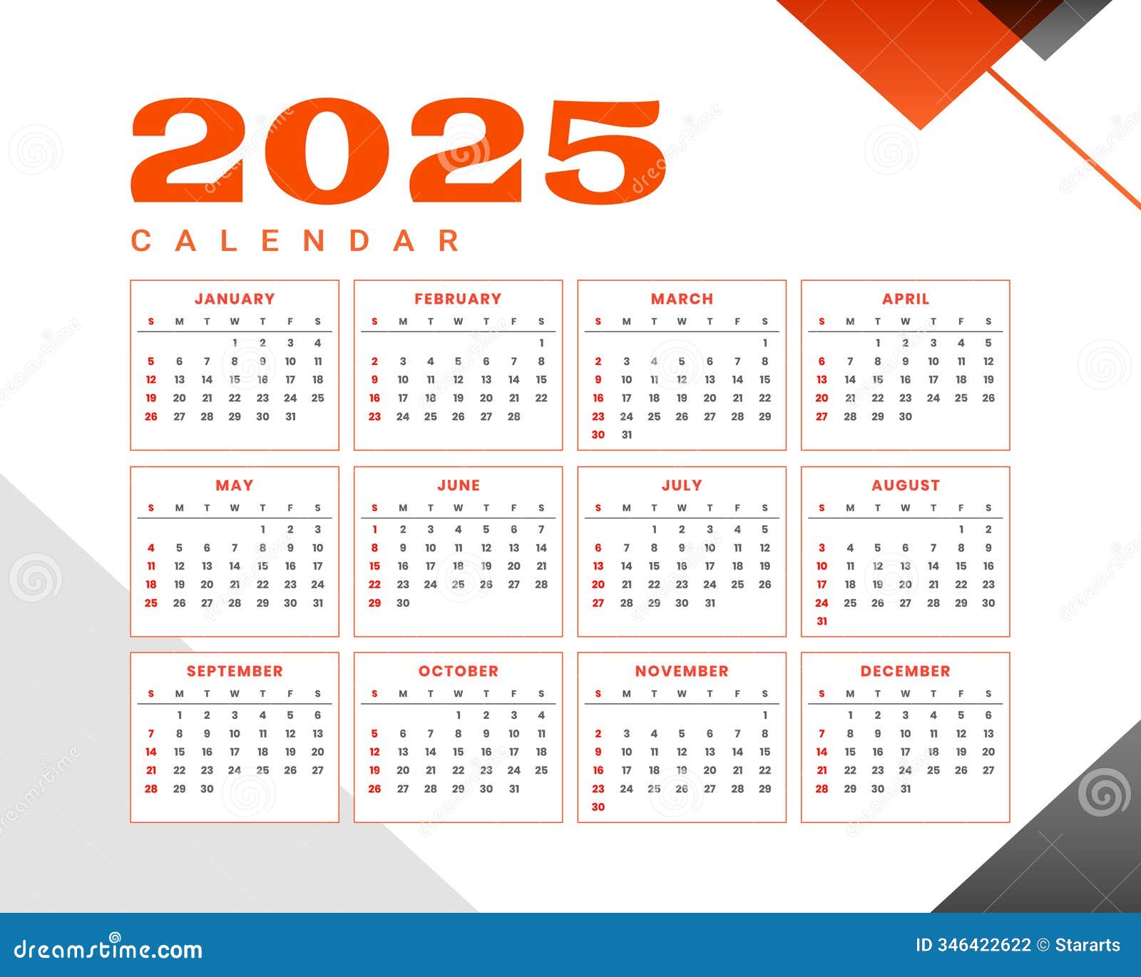 Printable 2025 Wall Calendar Template in White Orange Color Stock ...