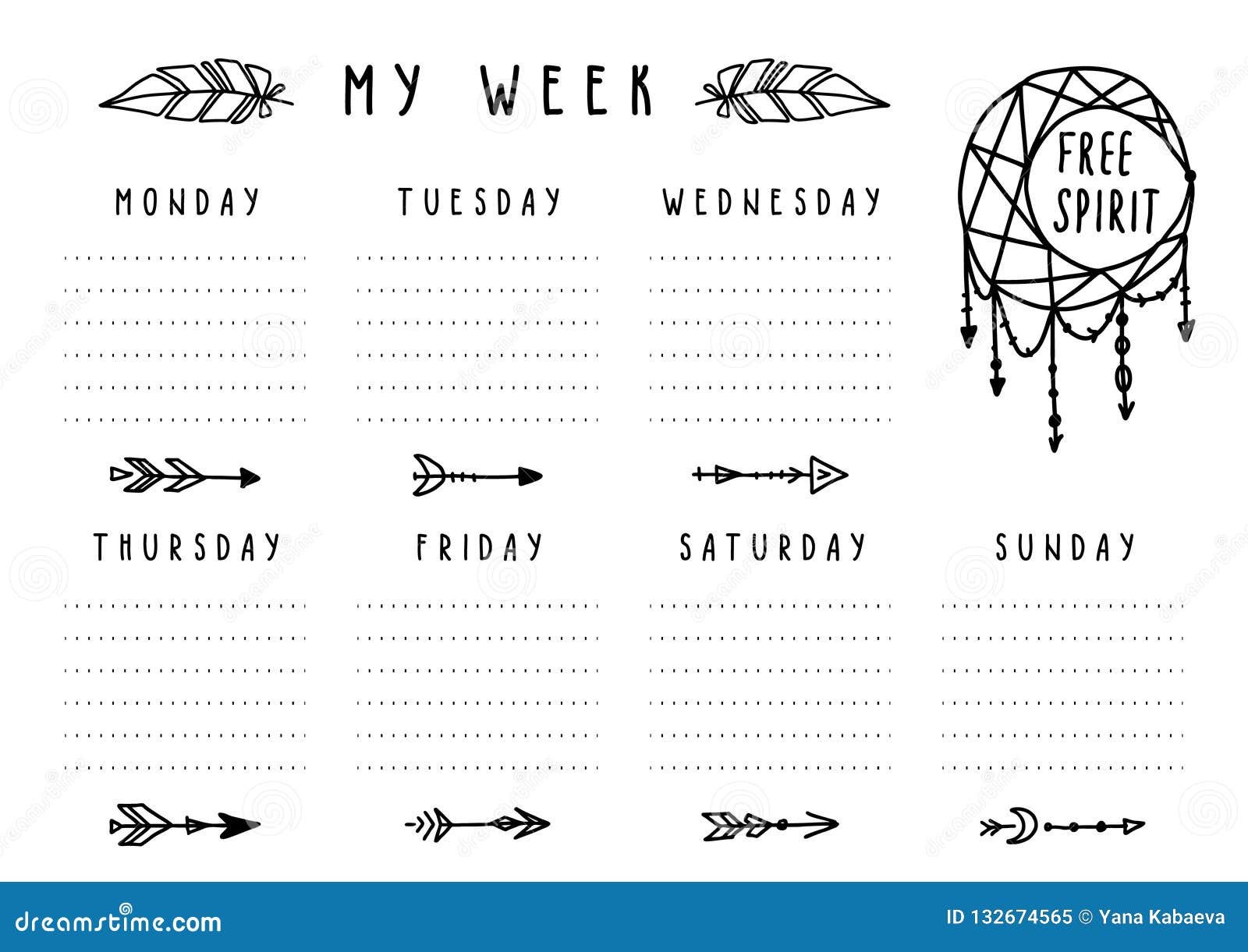 Vector Weekly Planner in Boho Style with Arrows and Feathers. Printable ...