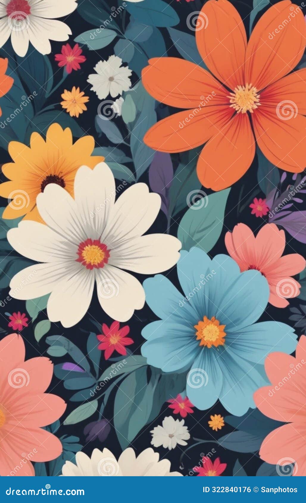 Colorful and Vibrant Retro Style Floral Pattern Design with Big Flowers ...