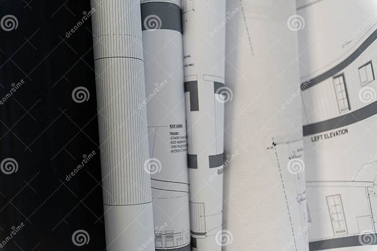 Printed Blueprints Plans in Plotter Printer Basket Stock Image - Image ...
