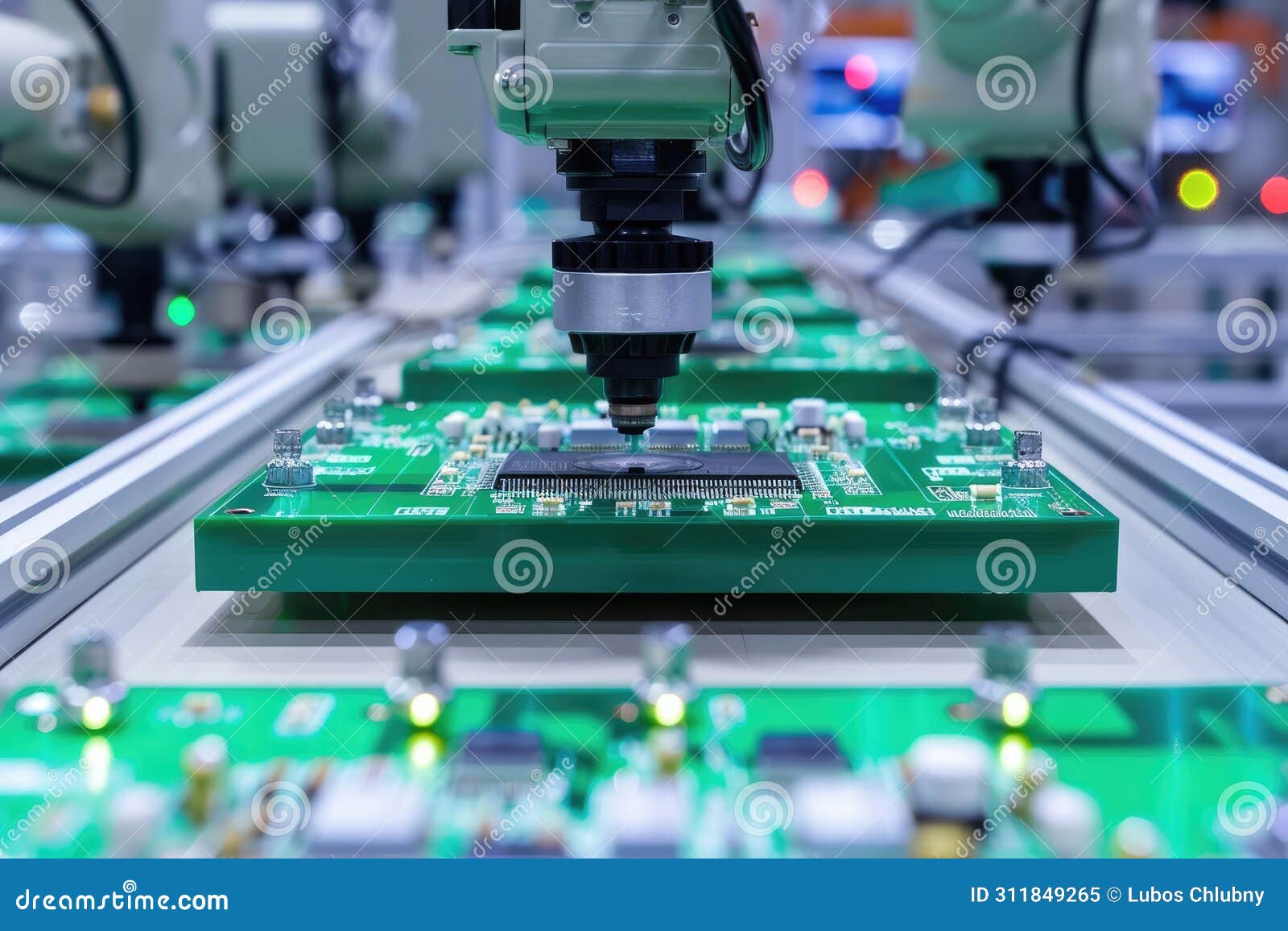 Printed Circuit Board Assembly Process. Conveyor with Robotic Arms in ...