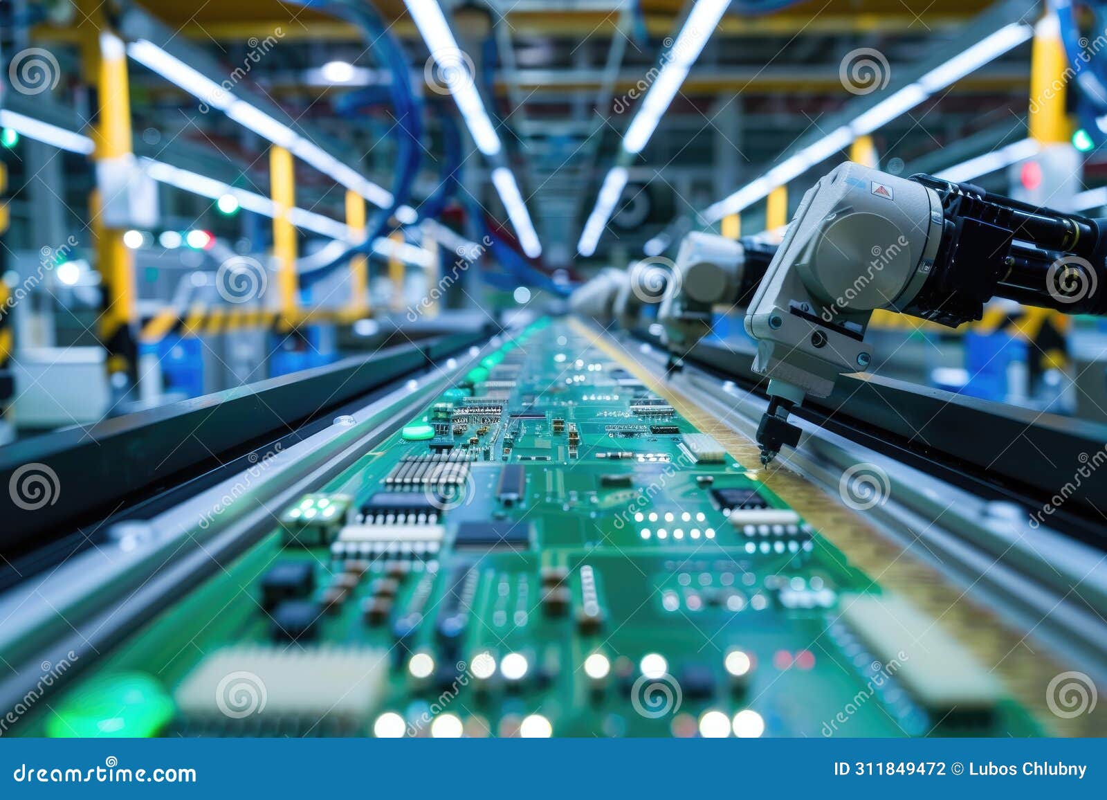 Printed Circuit Board Assembly Process. Conveyor with Robotic Arms in ...