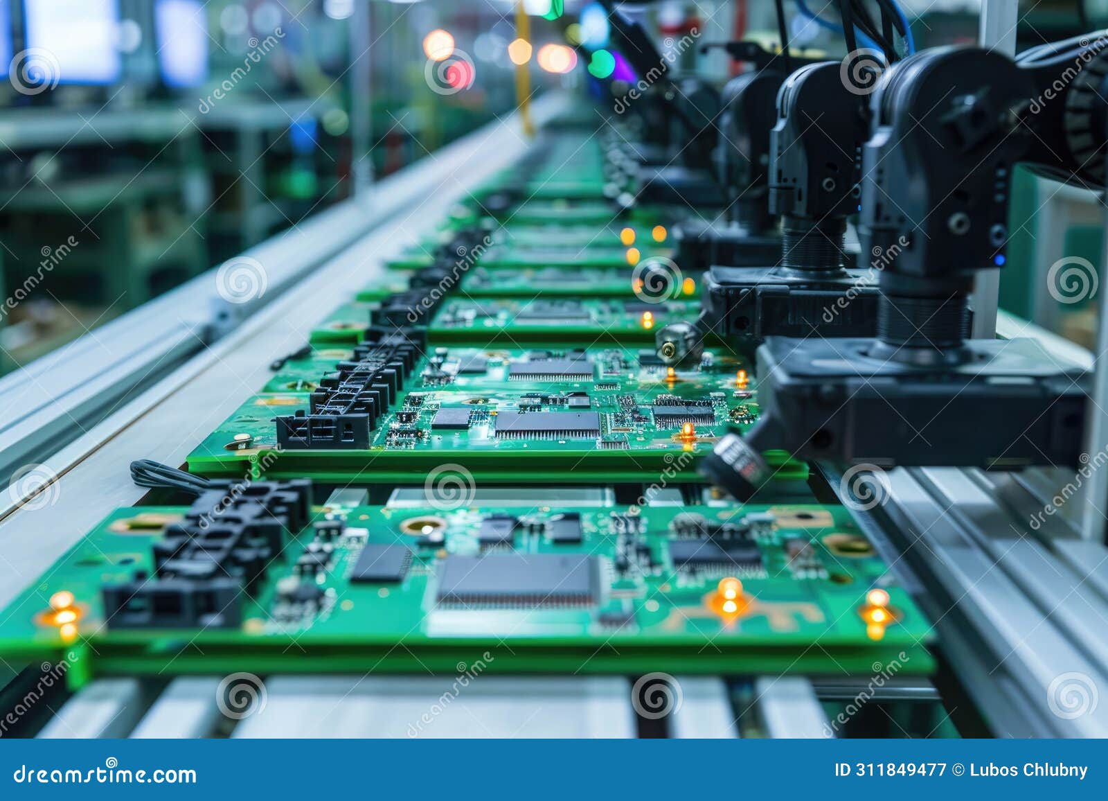 Printed Circuit Board Assembly Process. Conveyor with Robotic Arms in ...