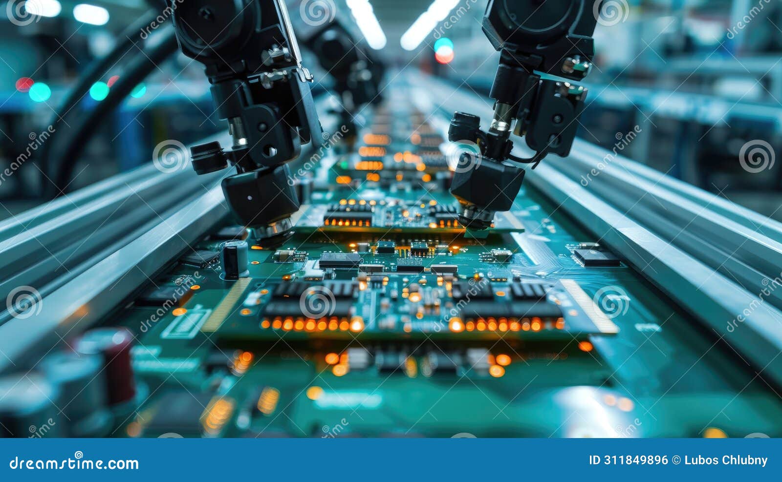 Printed Circuit Board Assembly Process. Conveyor with Robotic Arms in ...
