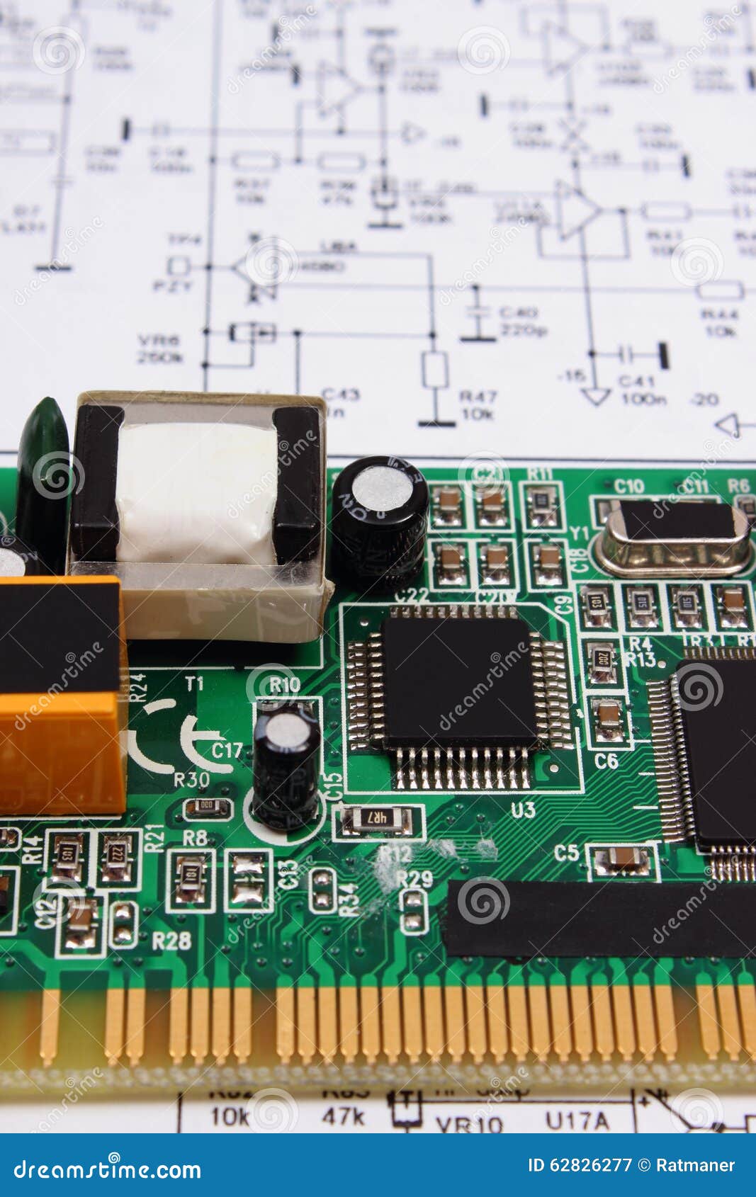 Printed Circuit Board Lying on Diagram of Electronics, Technology Stock ...