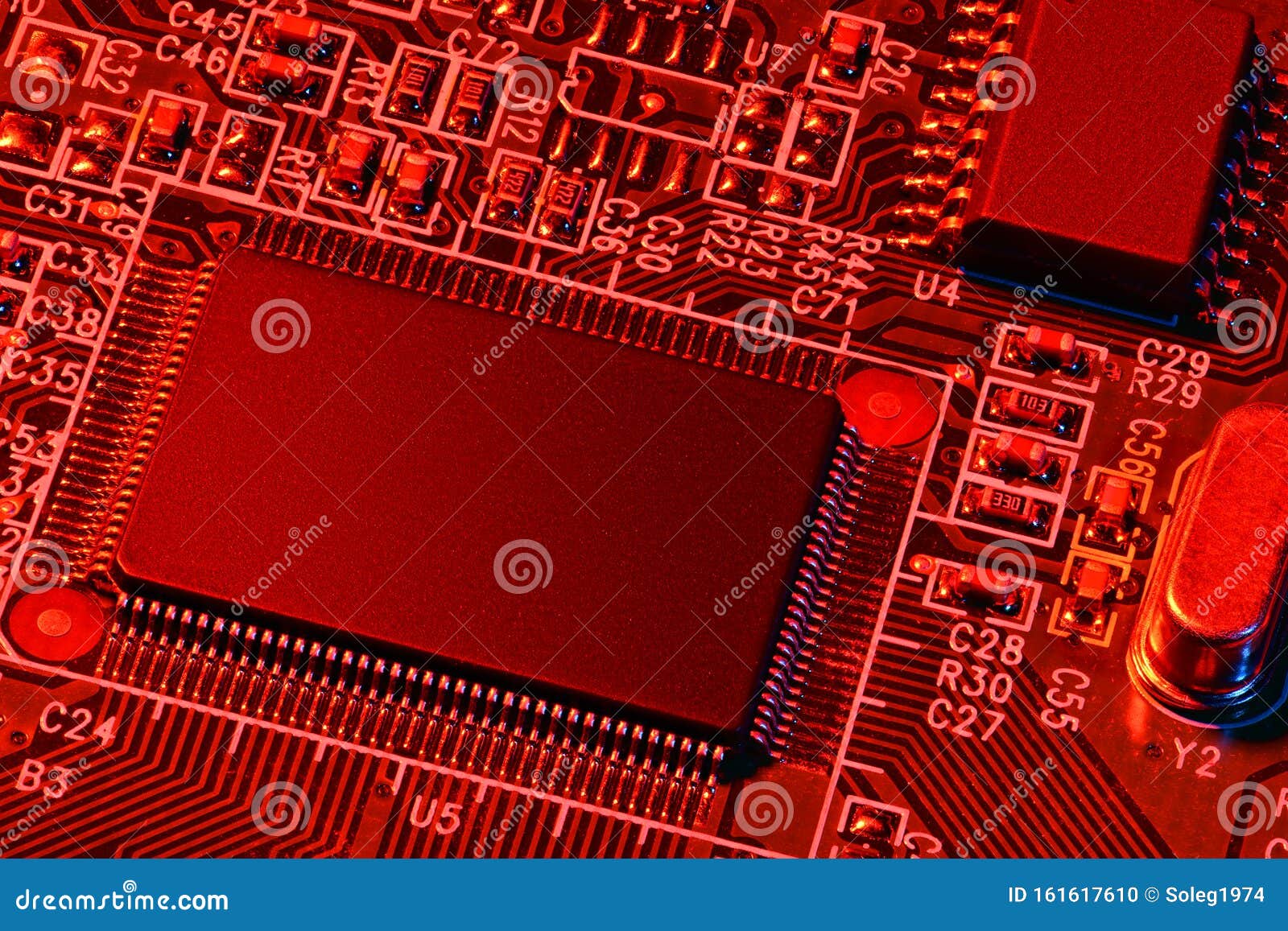Printed Circuit Board and Microchip, or Cpu, in Red Light Closeup ...