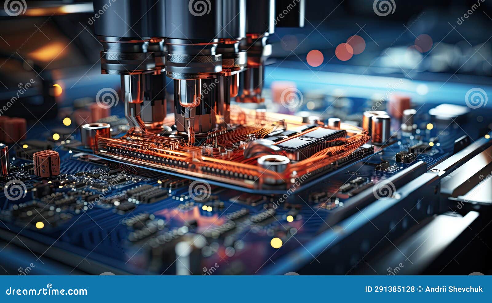 Printed Circuit Board with Microchips Close Up. Automatic Pick and ...