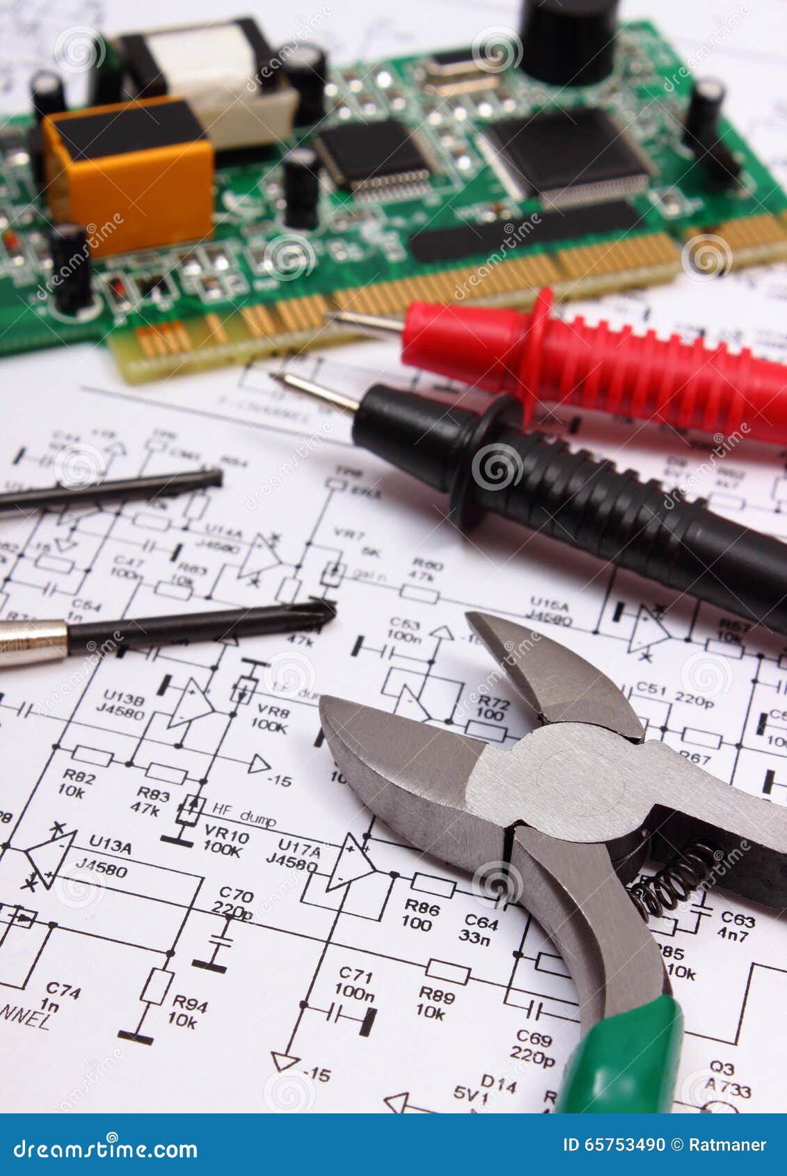 Printed Circuit Board. Precision Tools and Cable of Multimeter on ...
