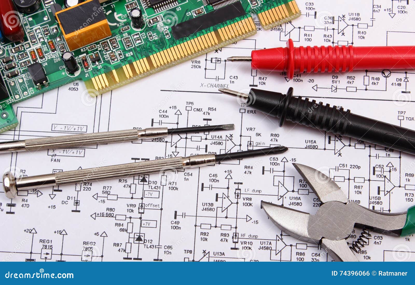 Printed Circuit Board. Precision Tools and Cable of Multimeter on ...