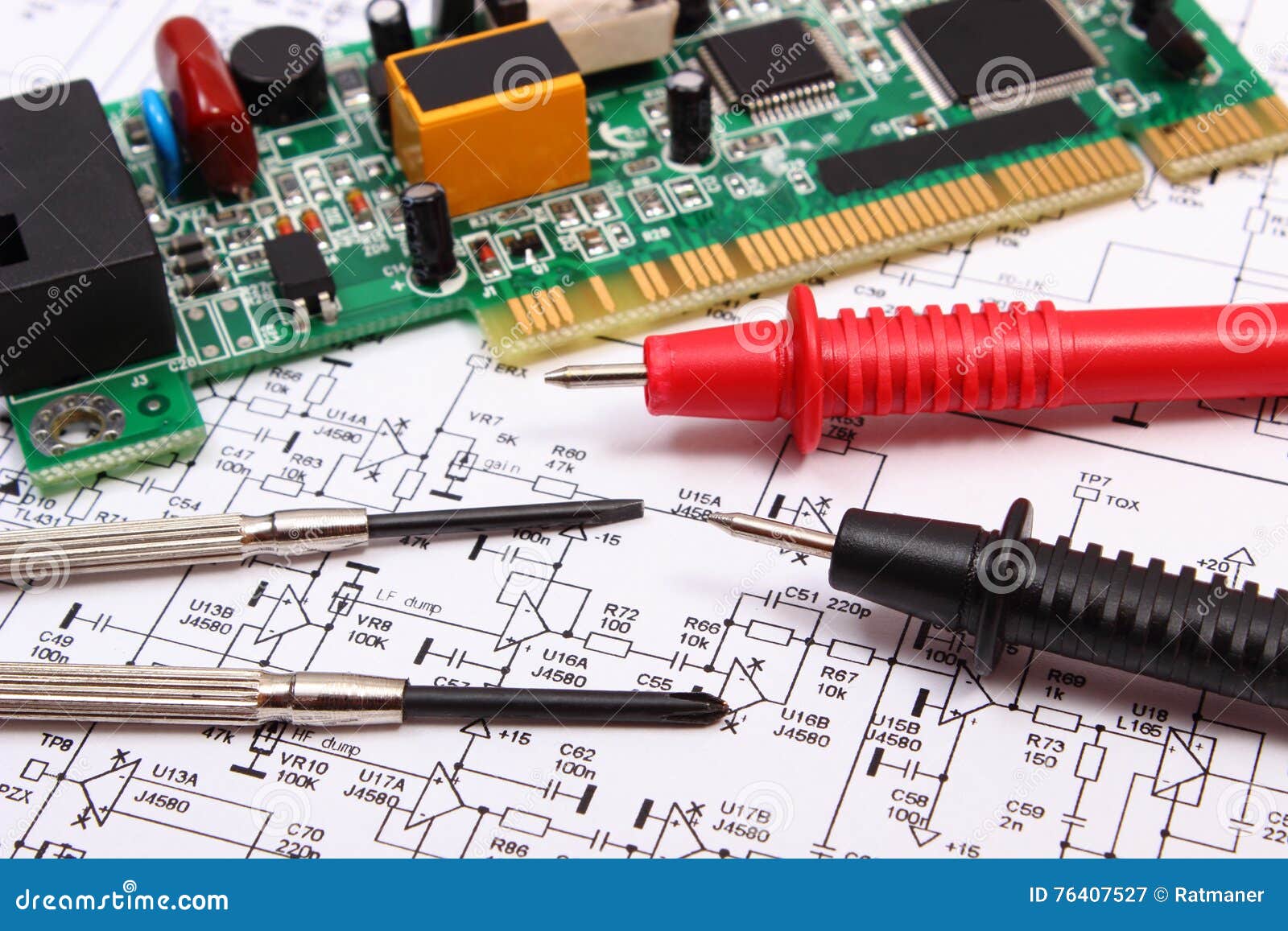 Printed Circuit Board. Precision Tools and Cable of Multimeter on ...