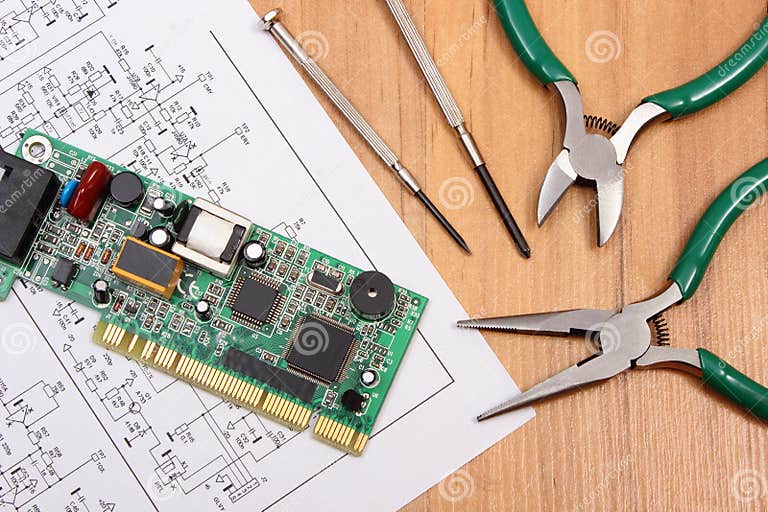 Printed Circuit Board. Precision Tools and Diagram of Electronics ...