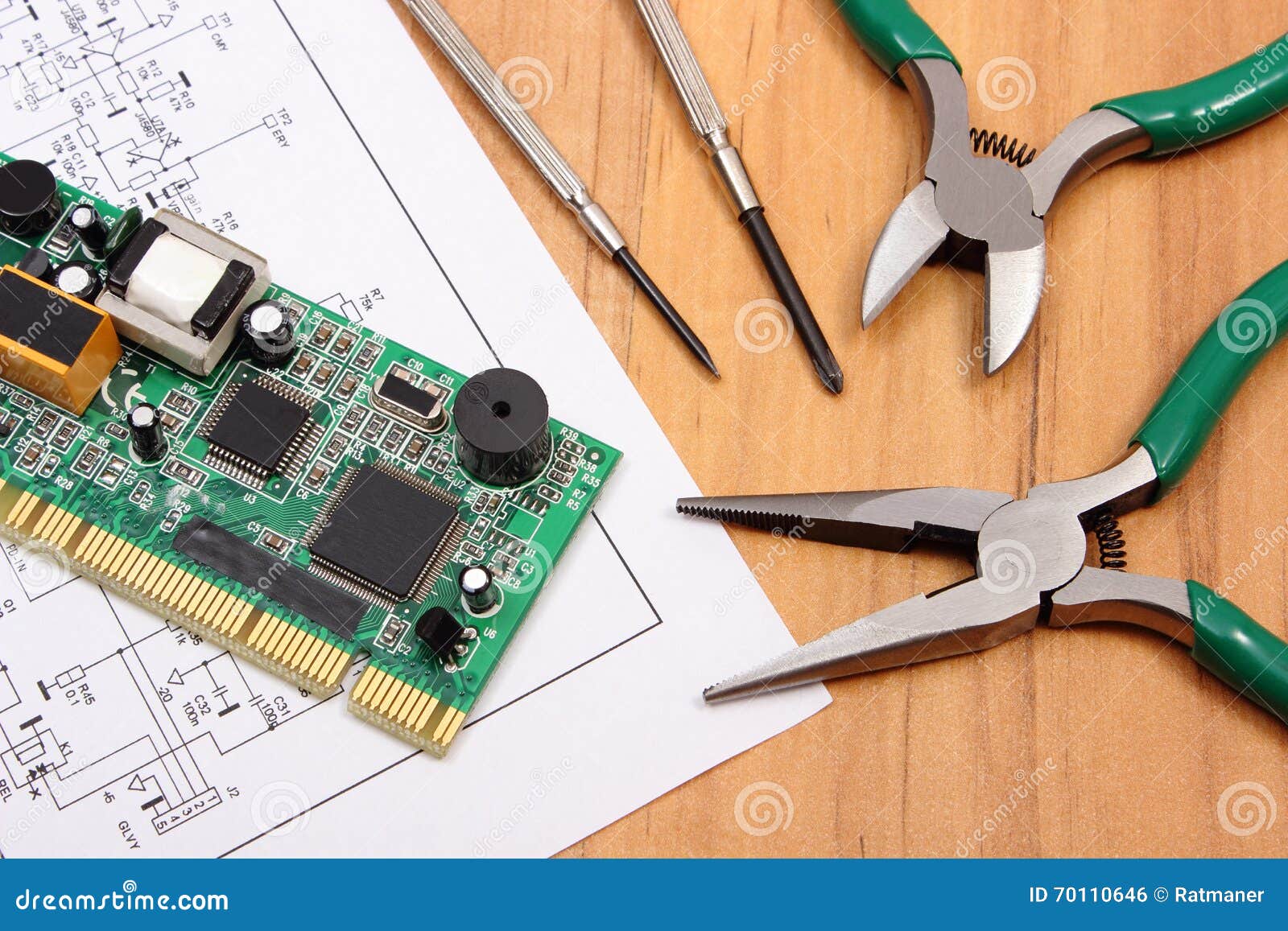 Printed Circuit Board. Precision Tools and Diagram of Electronics ...