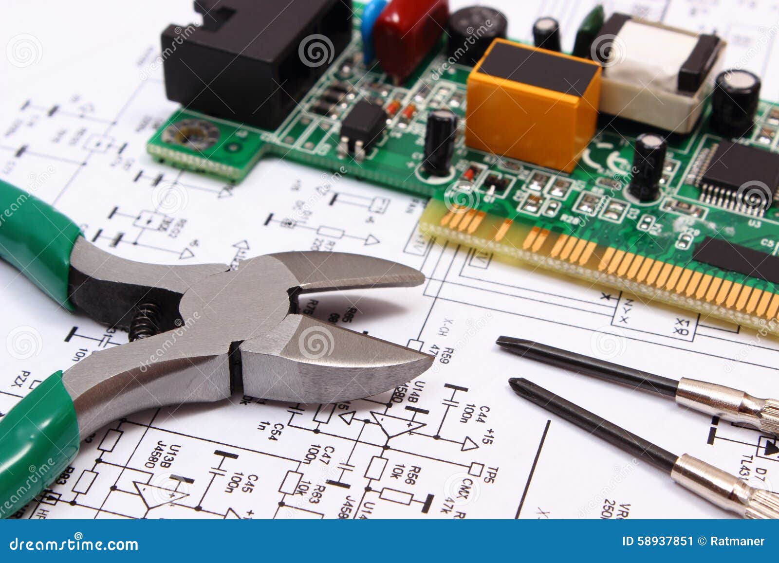 Printed Circuit Board and Precision Tools on Diagram of Electronics ...
