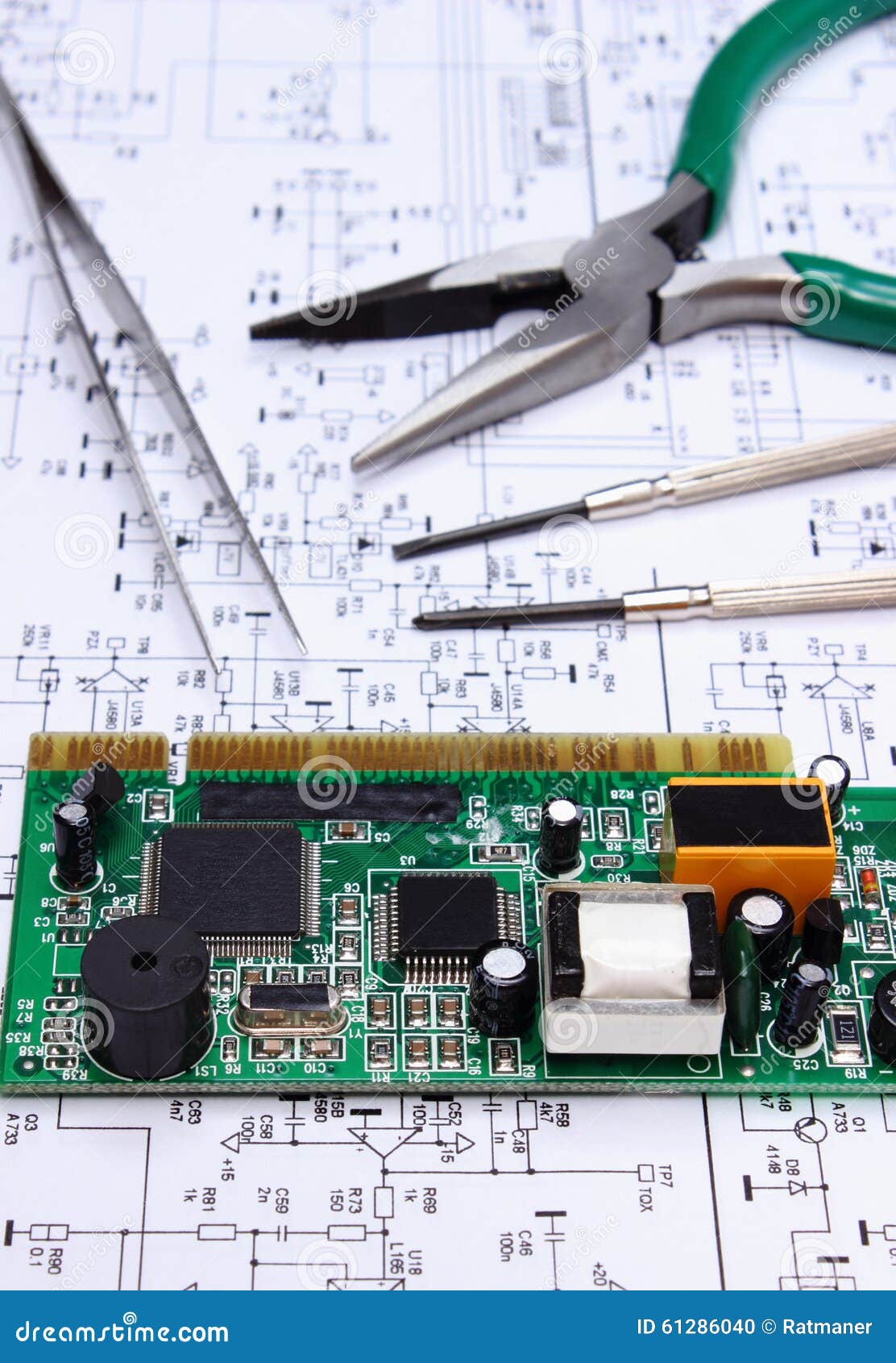 Printed Circuit Board and Precision Tools on Diagram of Electronics ...
