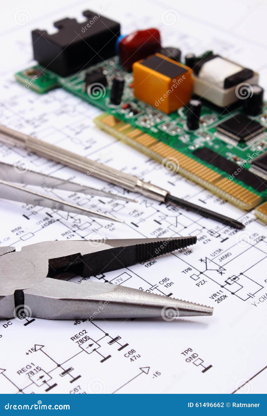 Printed Circuit Board and Precision Tools on Diagram of Electronics ...