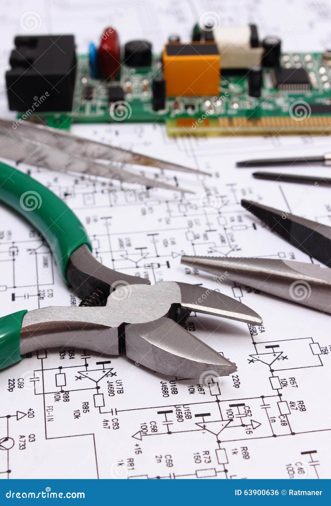 Printed Circuit Board and Precision Tools on Diagram of Electronics ...