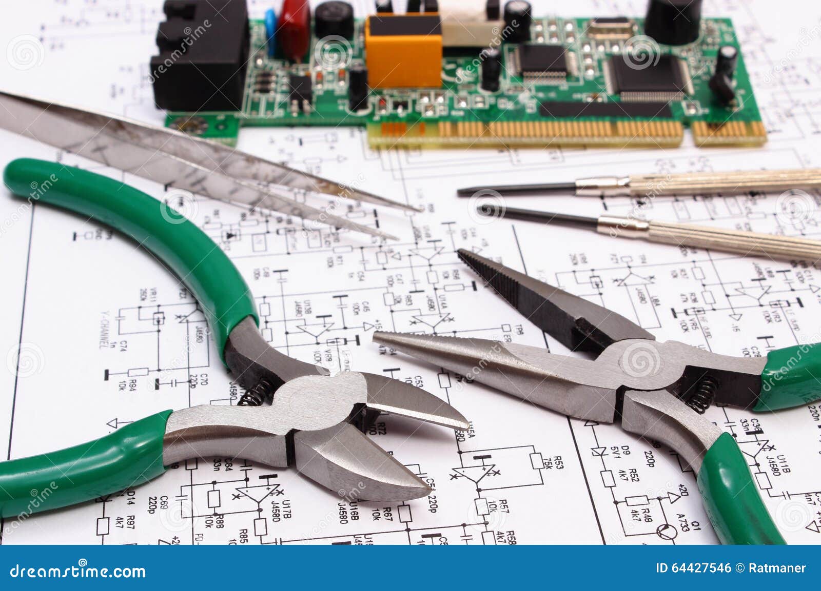 Printed Circuit Board and Precision Tools on Diagram of Electronics ...