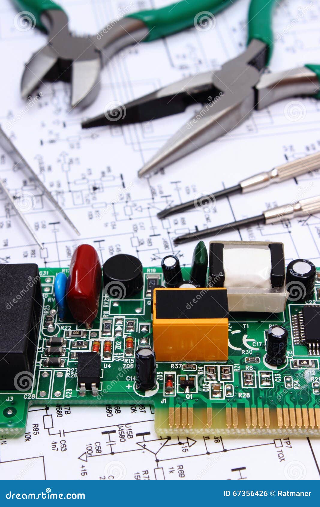 Printed Circuit Board and Precision Tools on Diagram of Electronics ...