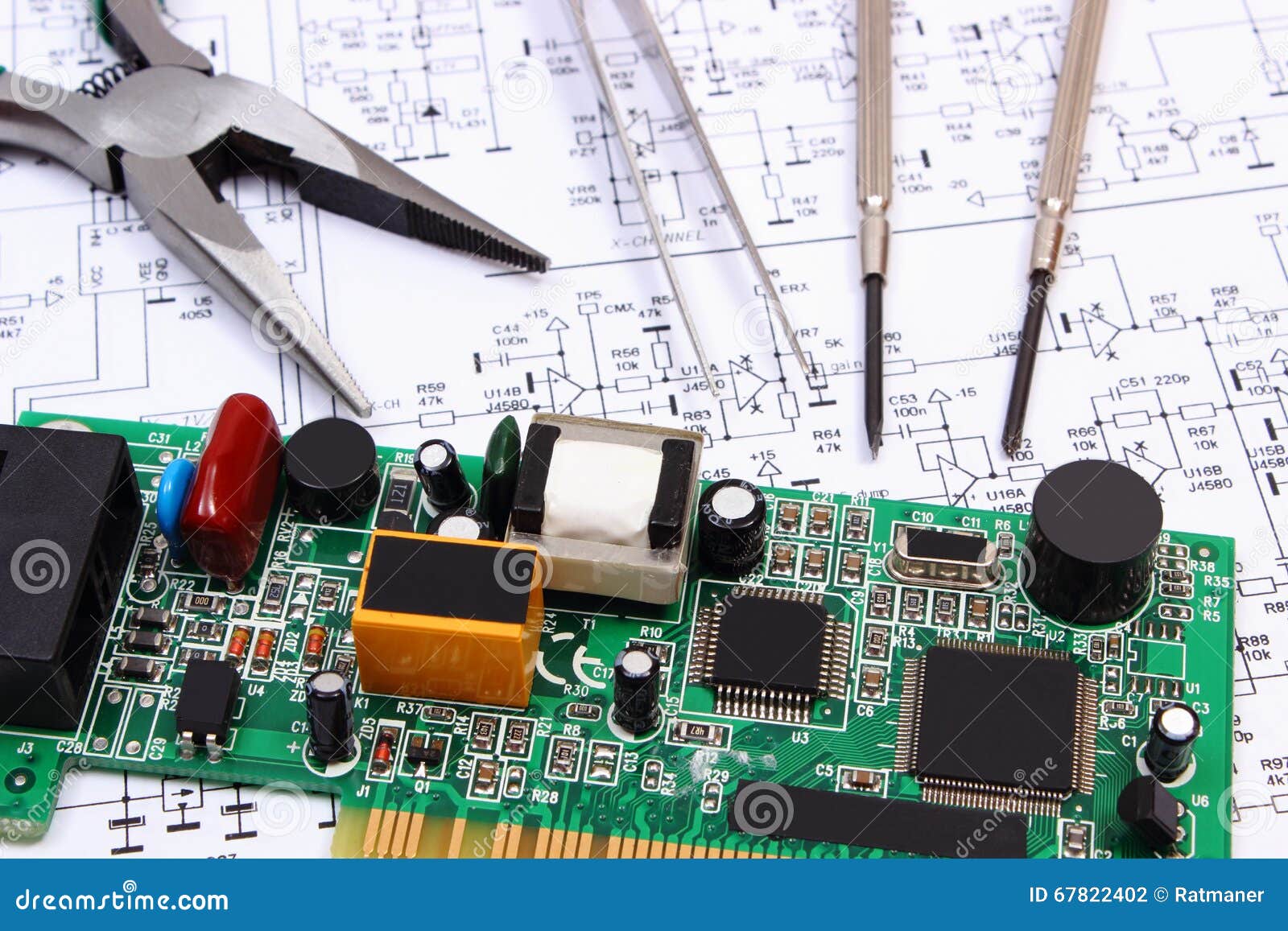 Printed Circuit Board and Precision Tools on Diagram of Electronics ...
