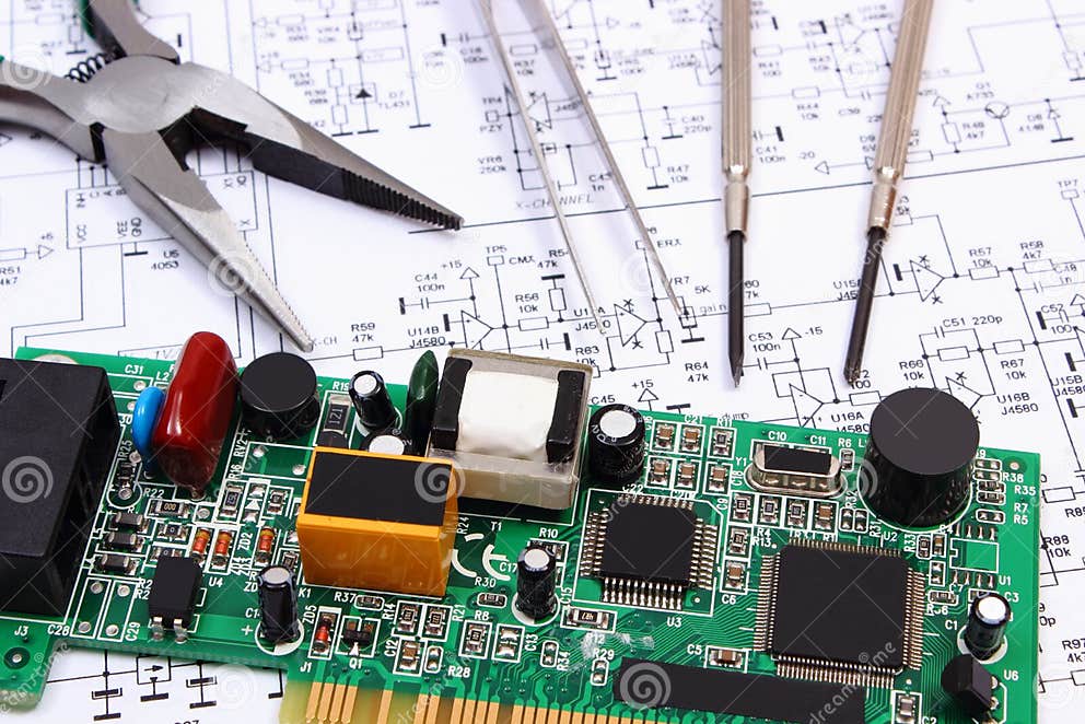 Printed Circuit Board and Precision Tools on Diagram of Electronics ...