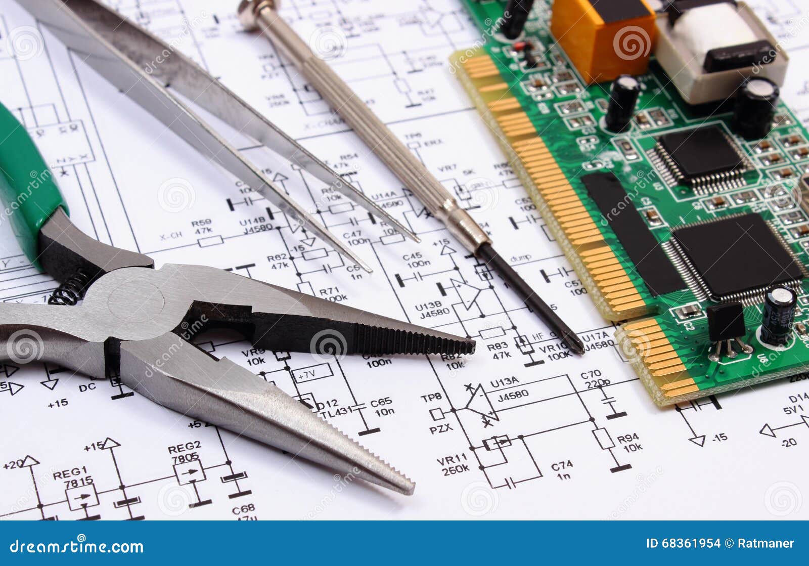 Printed Circuit Board and Precision Tools on Diagram of Electronics ...
