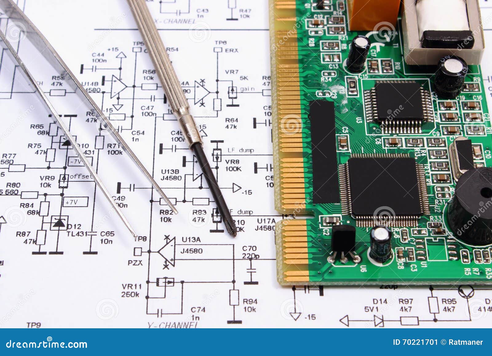 Printed Circuit Board and Precision Tools on Diagram of Electronics ...