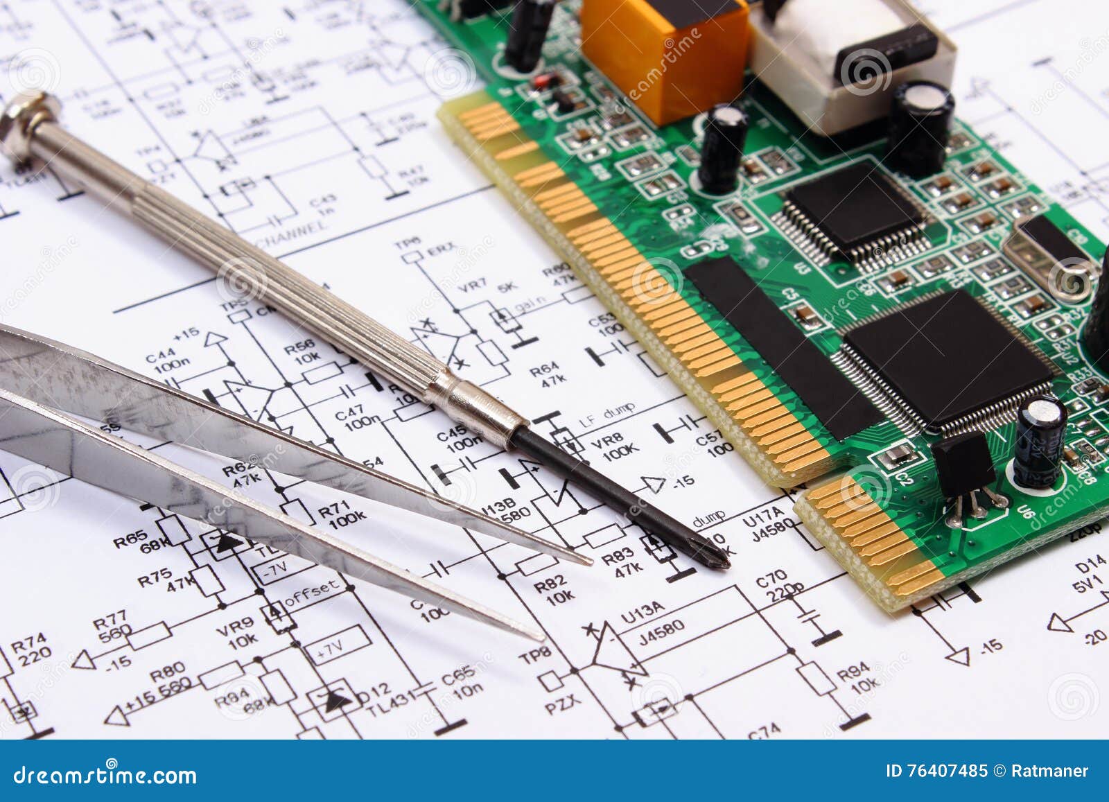 Printed Circuit Board and Precision Tools on Diagram of Electronics ...