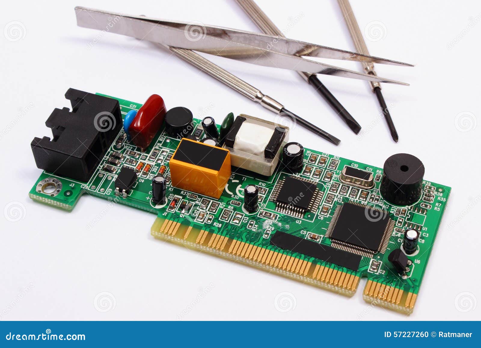 Printed Circuit Board and Precision Tools on White Background ...