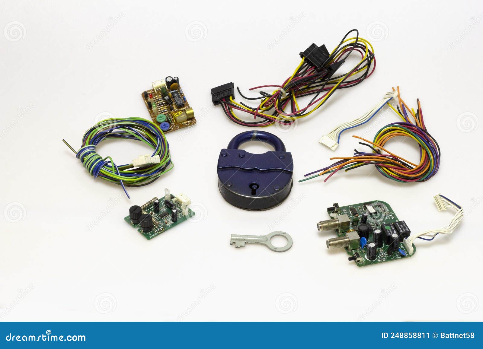 A Printed Circuit Board with a Set of Chips, Cables, Wires, Connectors ...