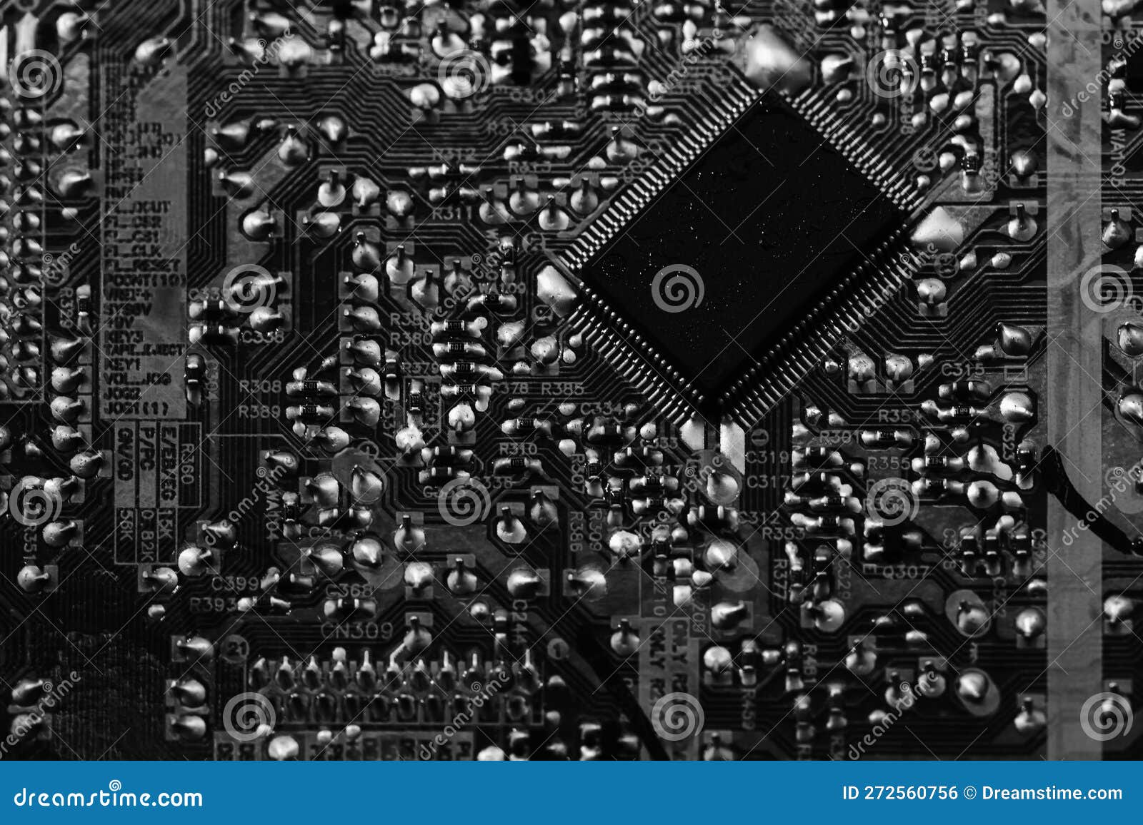 Printed Circuit Top View with Microchip and Capacitors, Close Up Stock ...