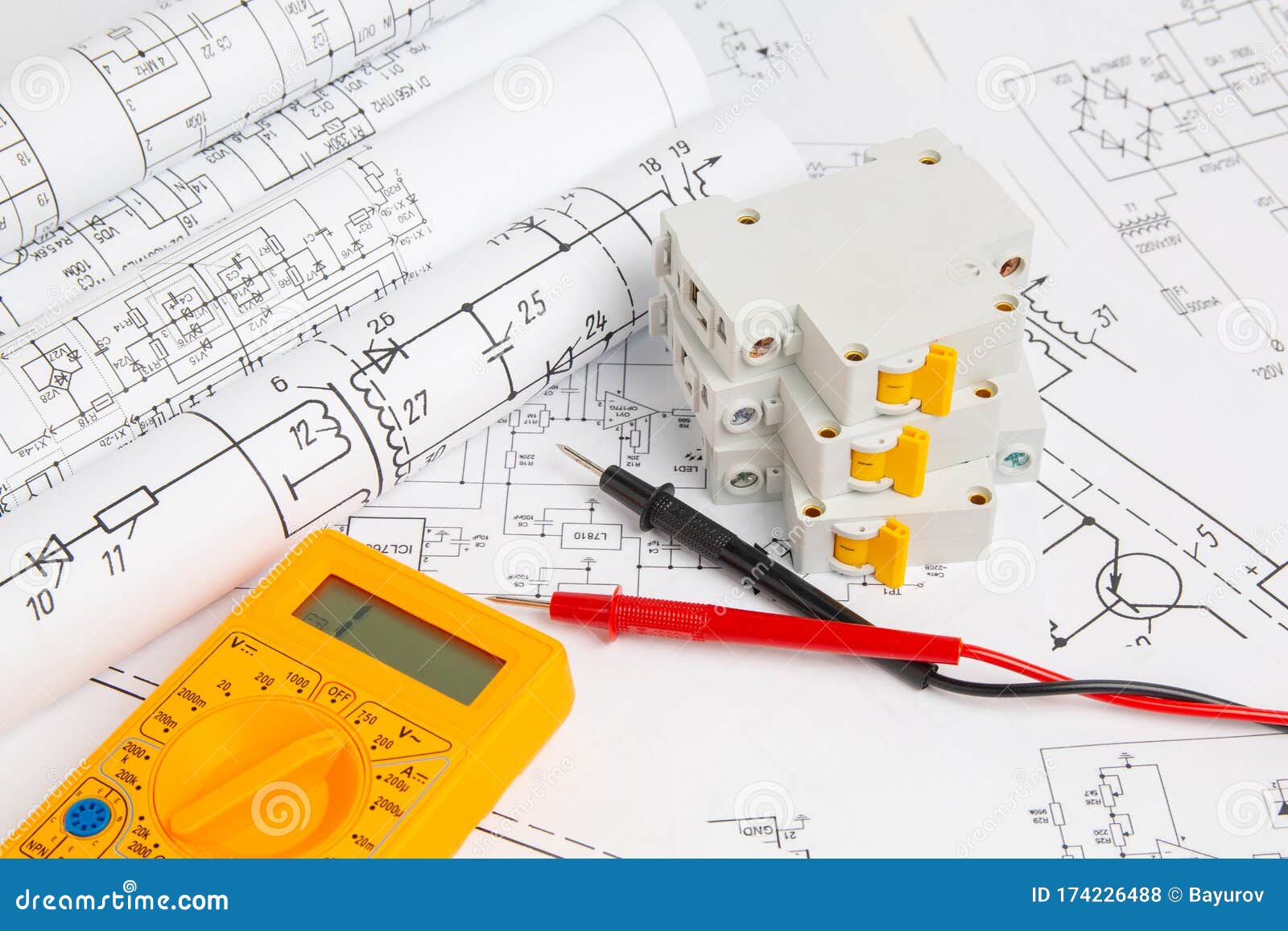 Printed Drawings Of Electrical Circuits, Digital Multimeter And ...