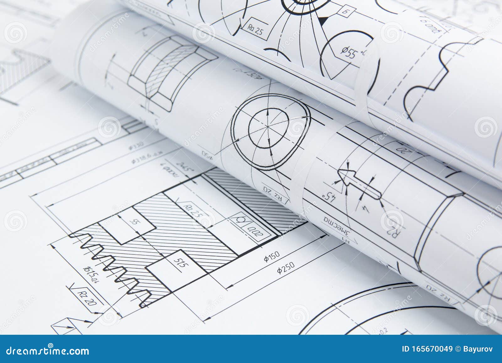 Printed Engineering Drawings of Industrial Parts and Mechanisms Stock ...