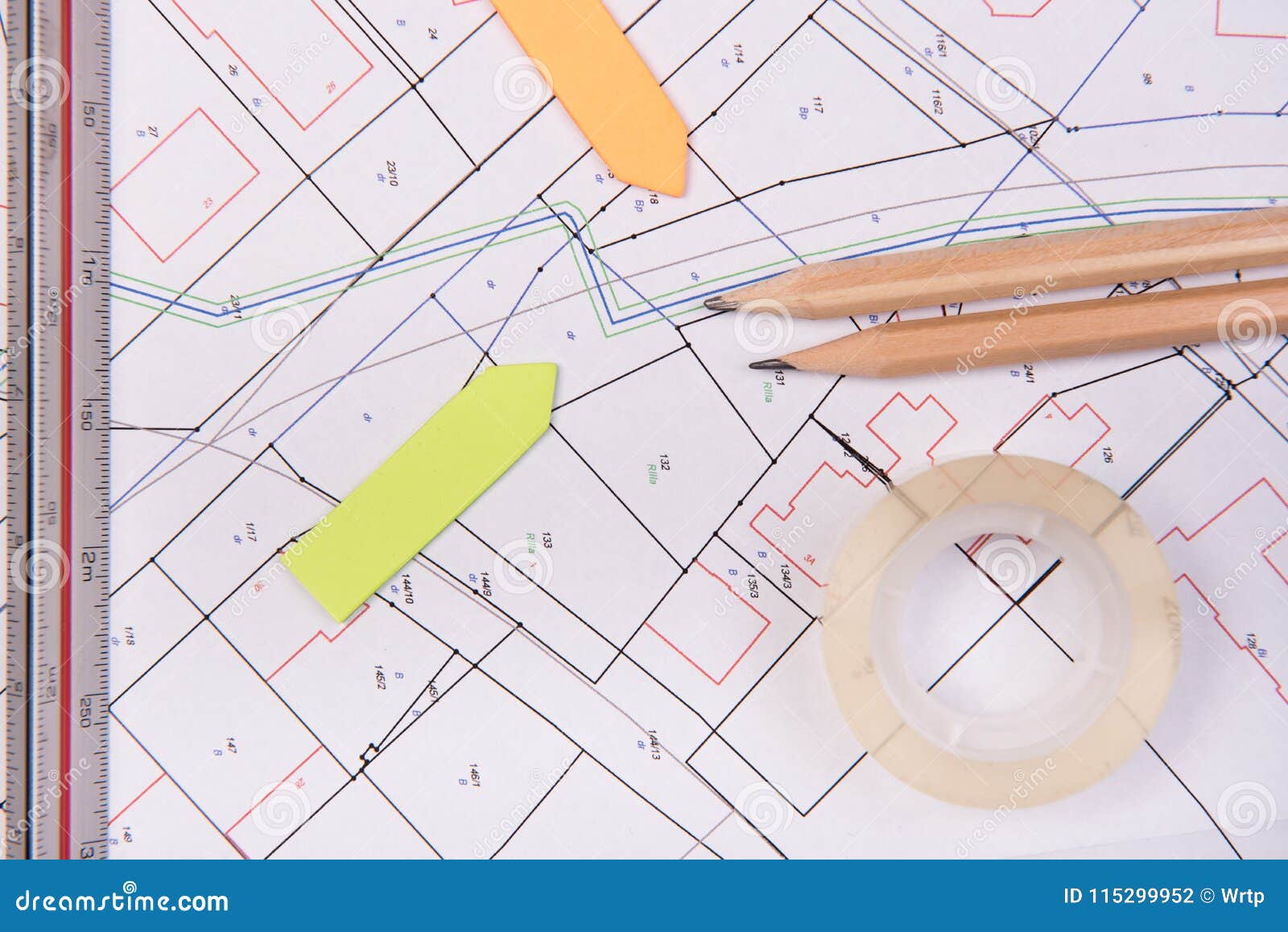 Printed plans with project stock photo. Image of industry - 115299952