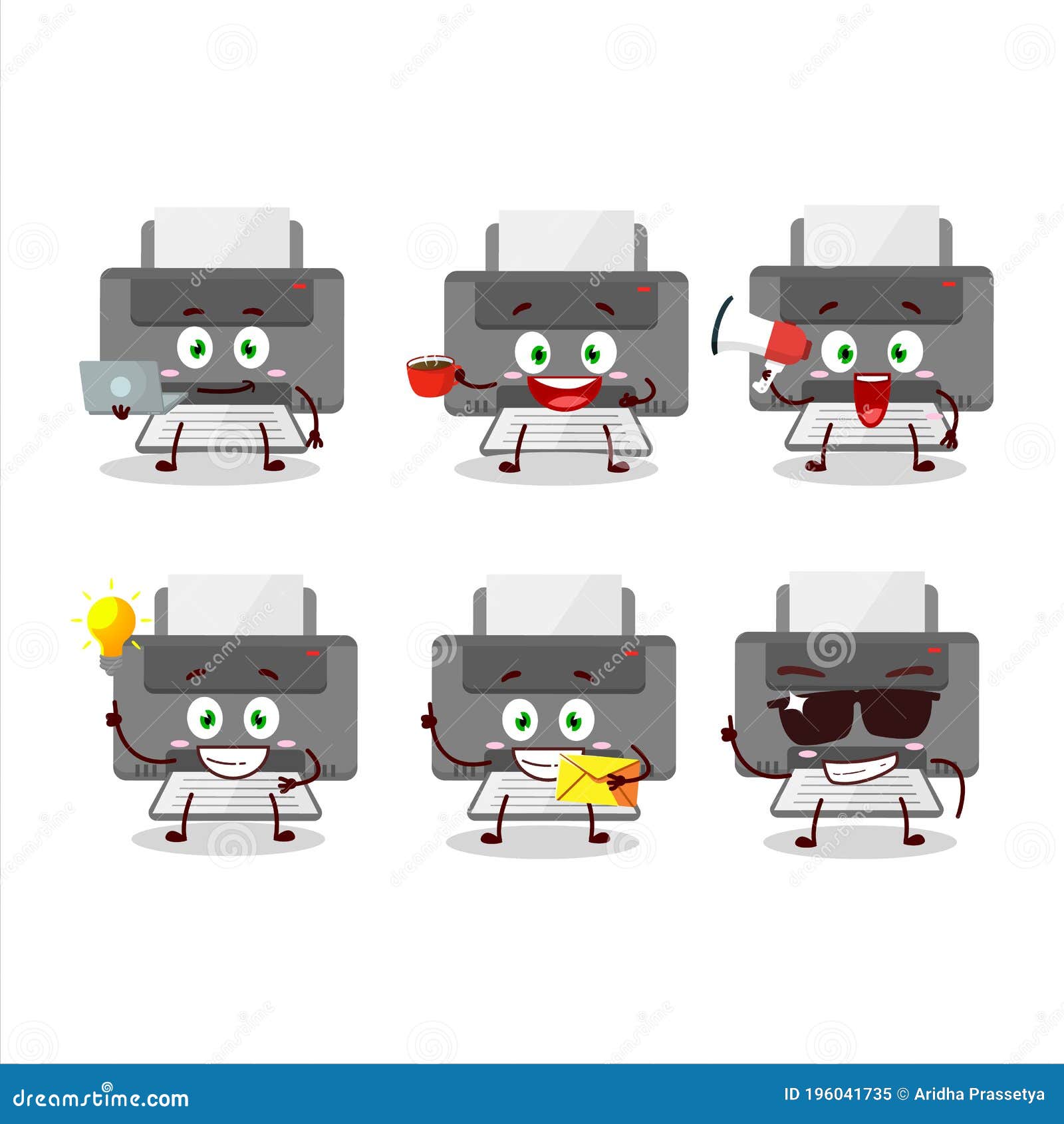 Printer Cartoon Character with Various Types of Business Emoticons ...