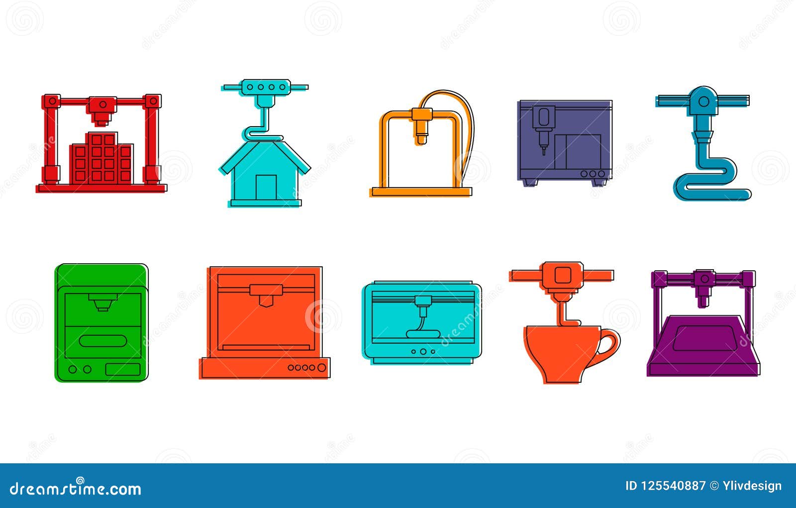 Printer 3d Icon Set, Color Outline Style Stock Illustration ...