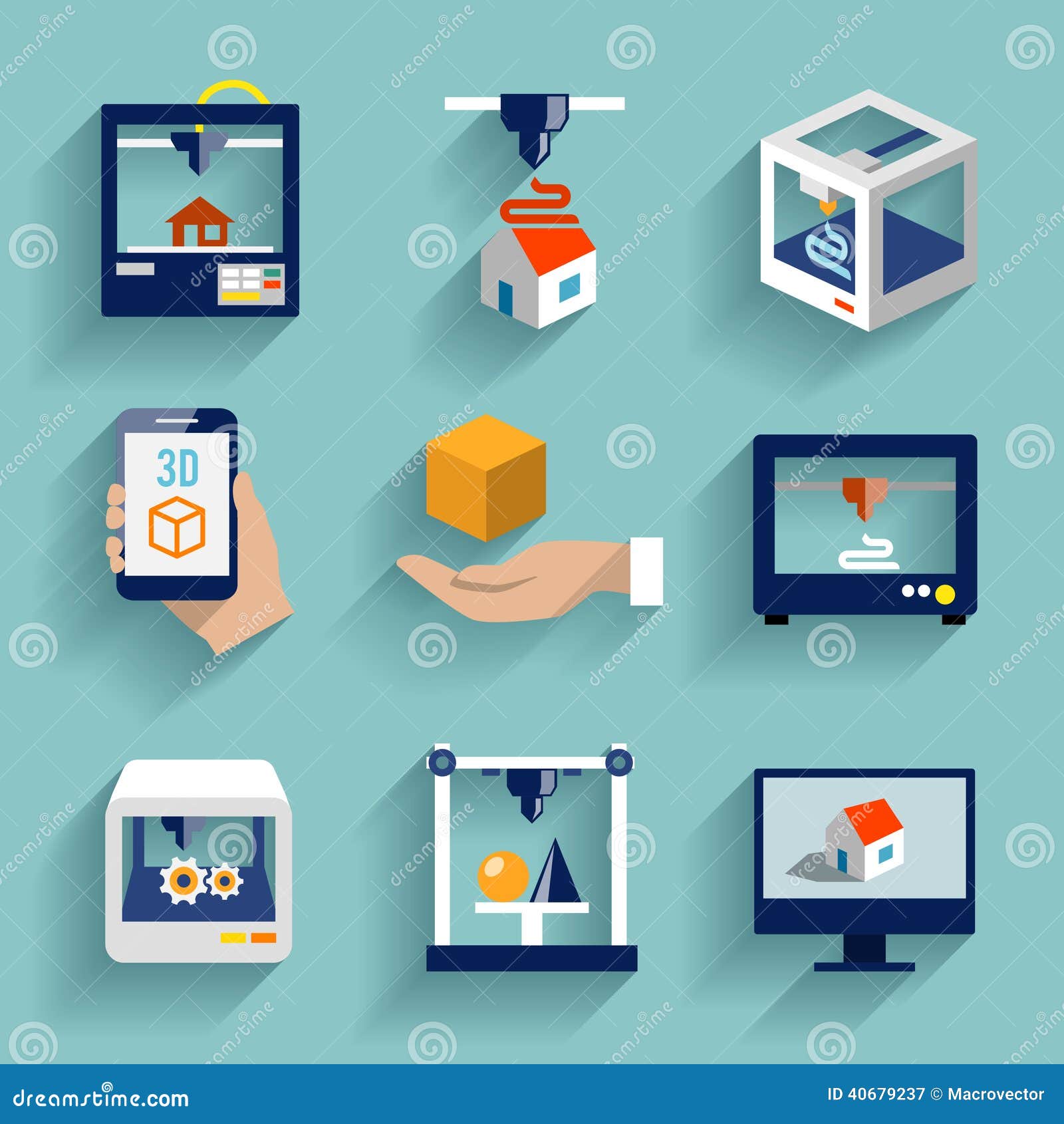 Printer 3d icons set flat stock vector. Illustration of modern - 40679237