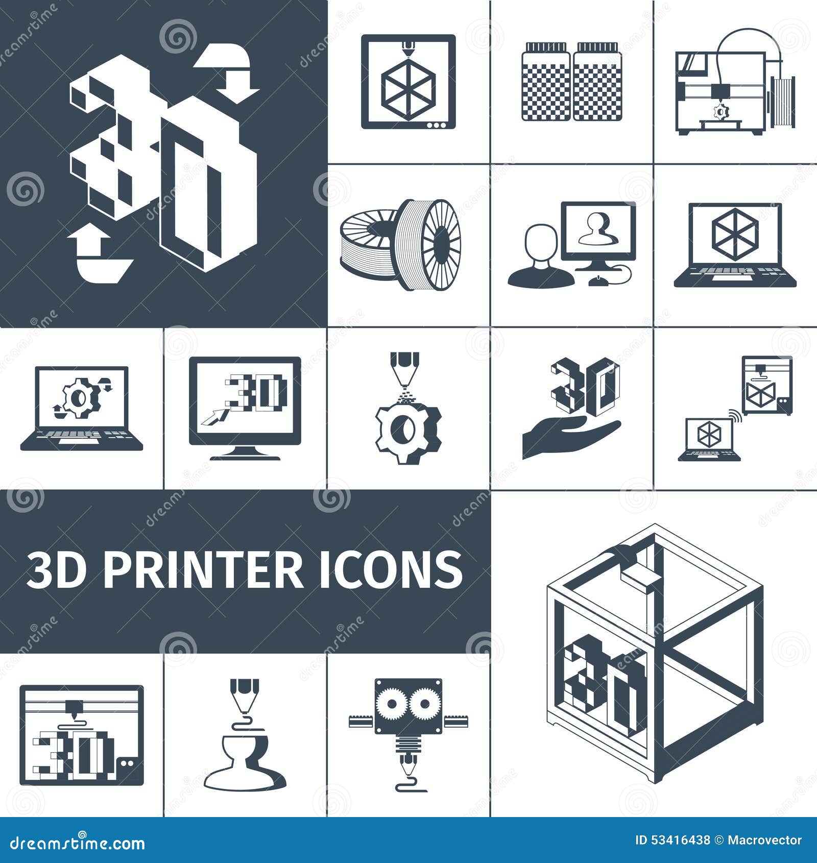 Printer 3d Icons stock vector. Illustration of gears - 53416438