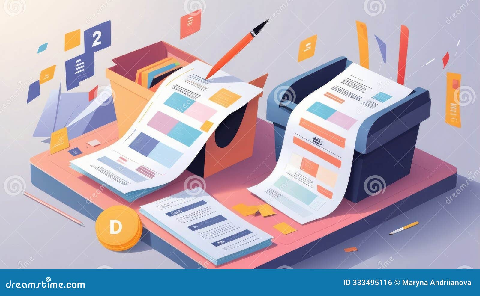 Printer Generating Paperwork with Filing Cabinet and Sticky Notes in an ...