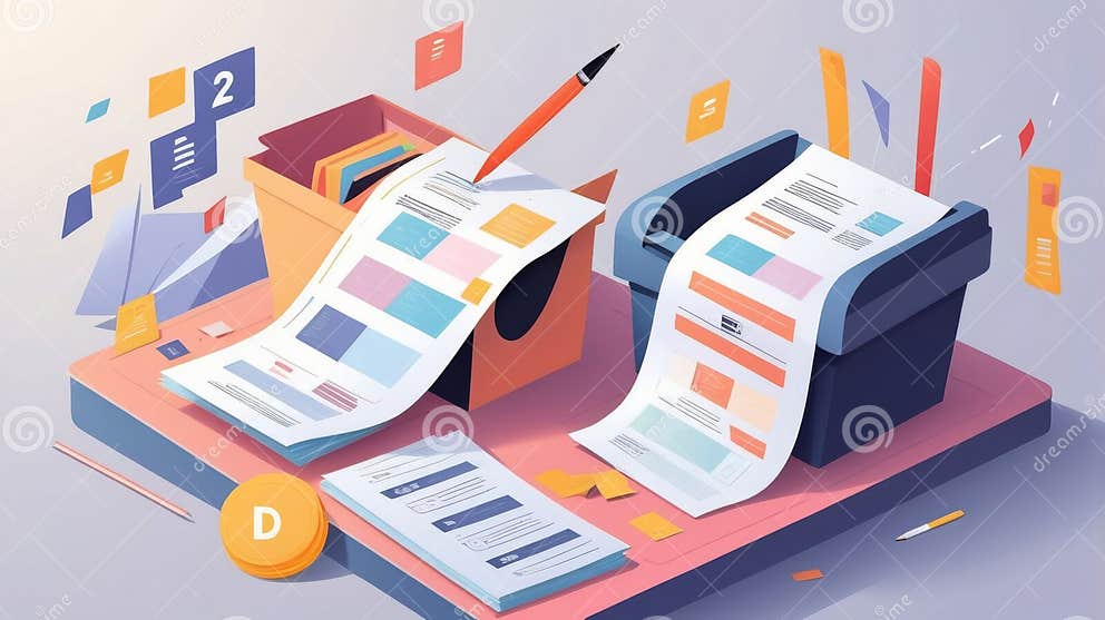 Printer Generating Paperwork with Filing Cabinet and Sticky Notes in an ...