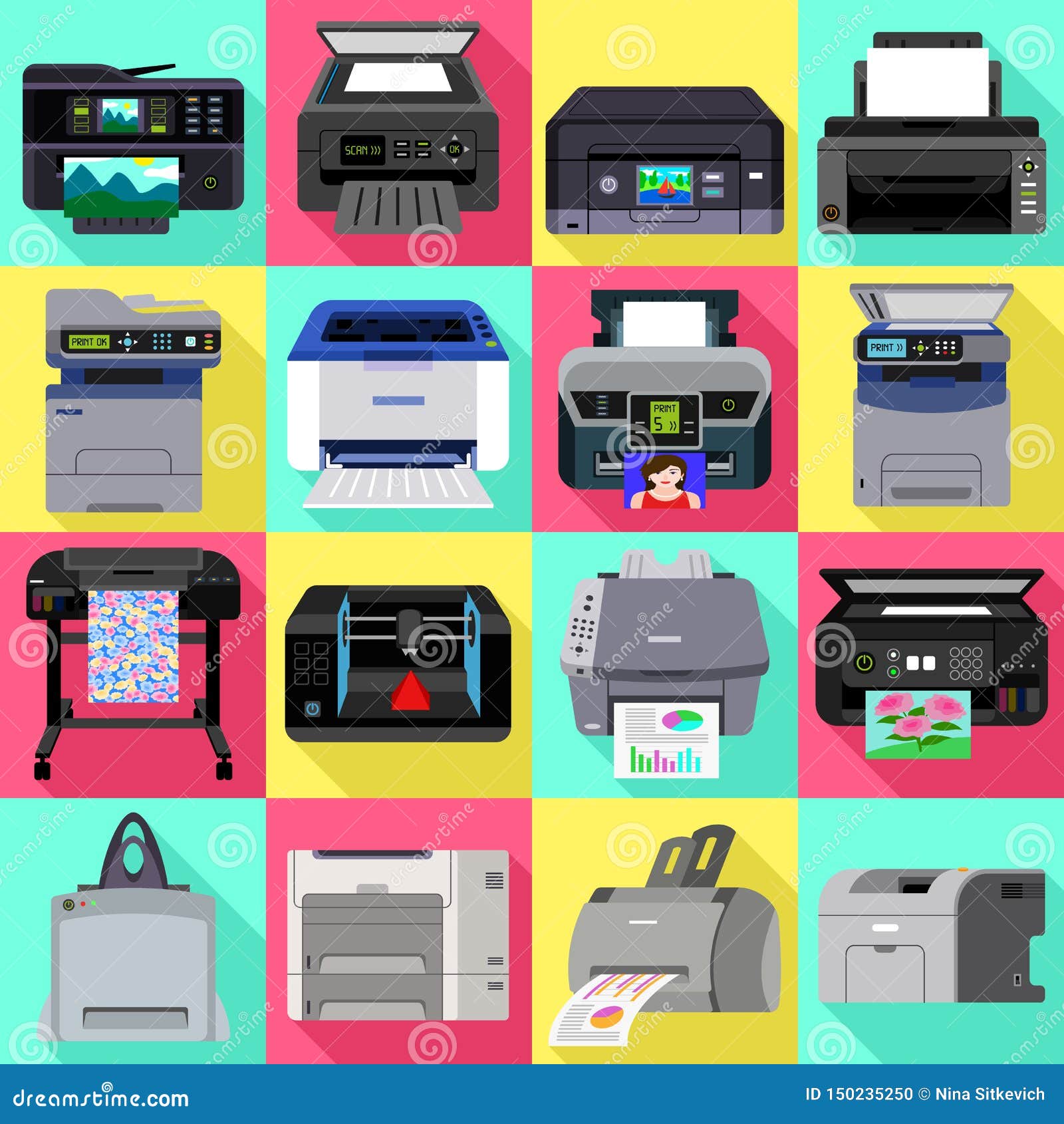 Printer Icons Set, Flat Style Stock Vector - Illustration of document ...