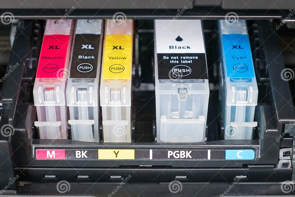 Printer ink cartridges stock photo. Image of blue, open - 91025246