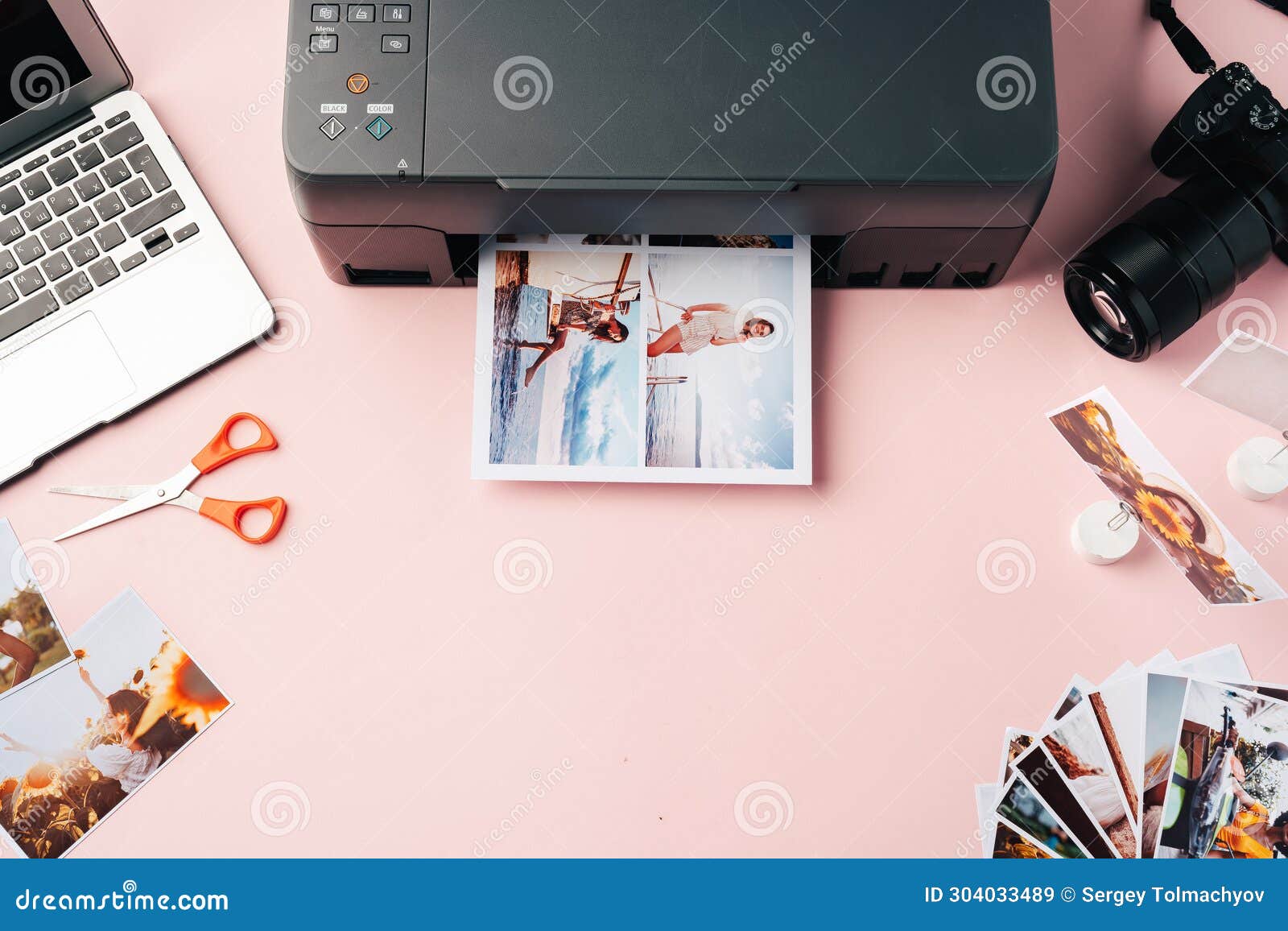 Printer, Laptop and Camera on Table Close Up. Printing Photos Stock ...