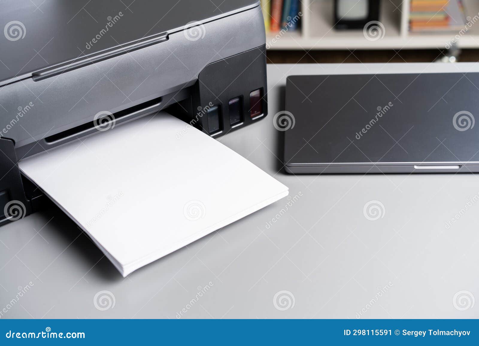 Printer and Laptop on Grey Table in Office Stock Image - Image of ...