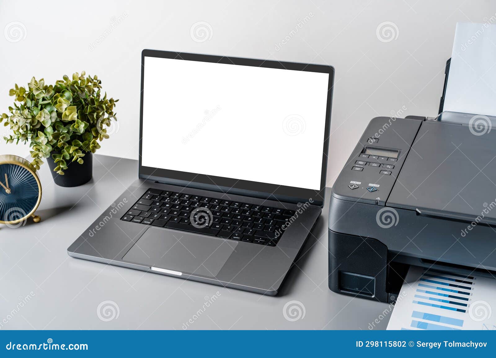 Printer and Laptop on Grey Table in Office Stock Photo - Image of ...