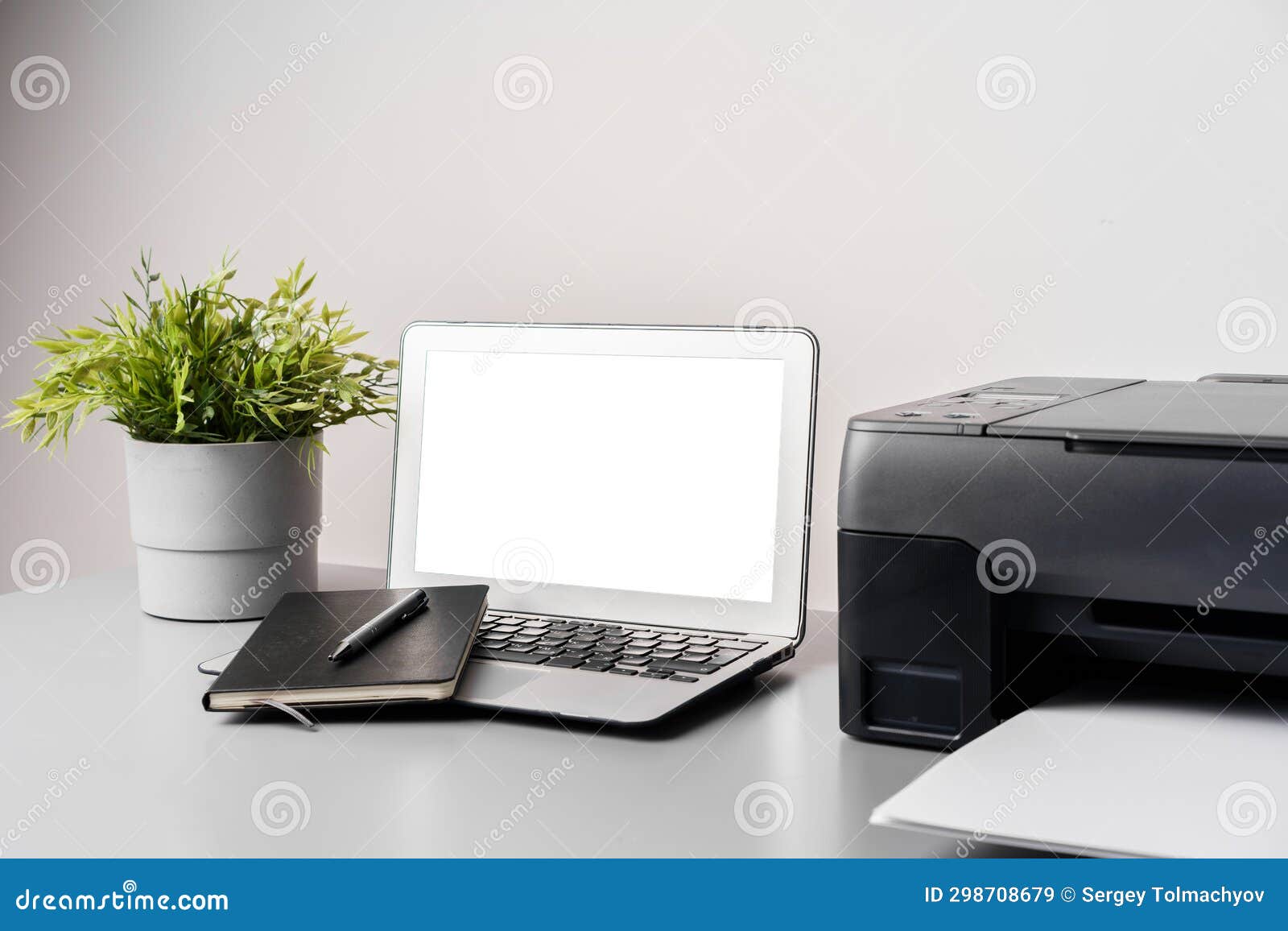 Printer and Laptop on Grey Table in Office Stock Image - Image of ...