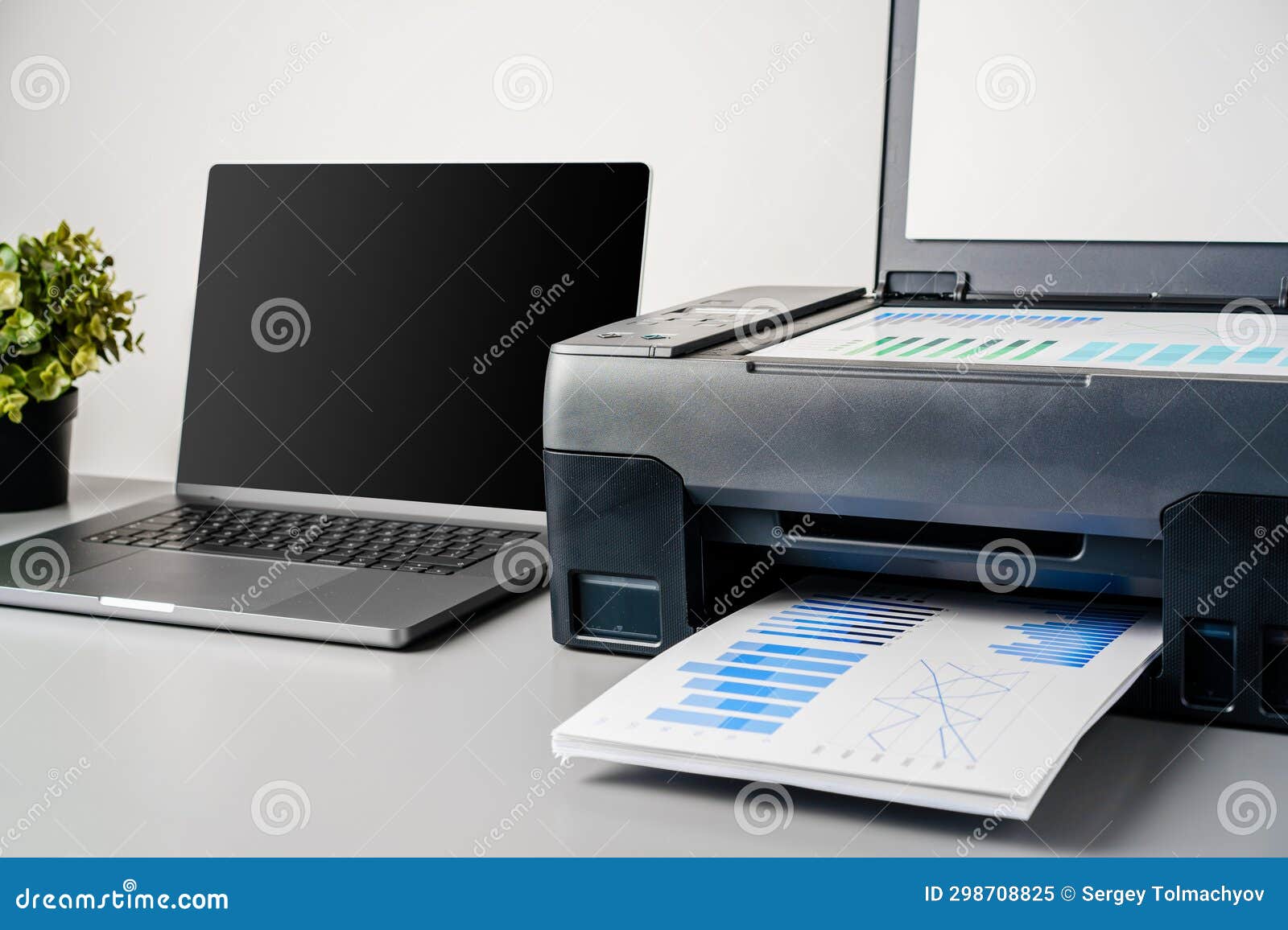 Printer and Laptop on Grey Table in Office Stock Image - Image of ...